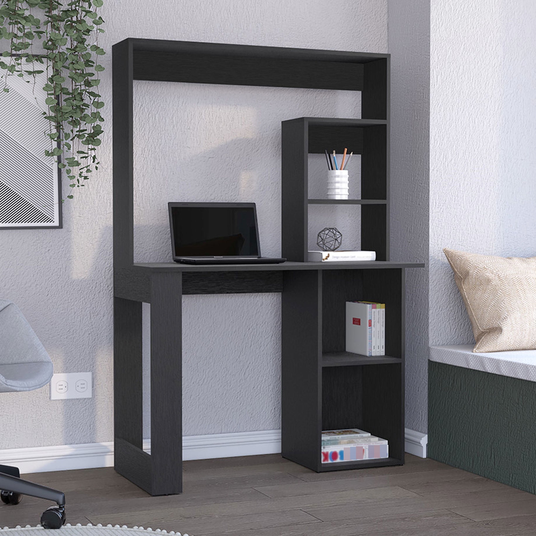 Freestanding Black Computer Desk with Shelves for Limited Office Space ...
