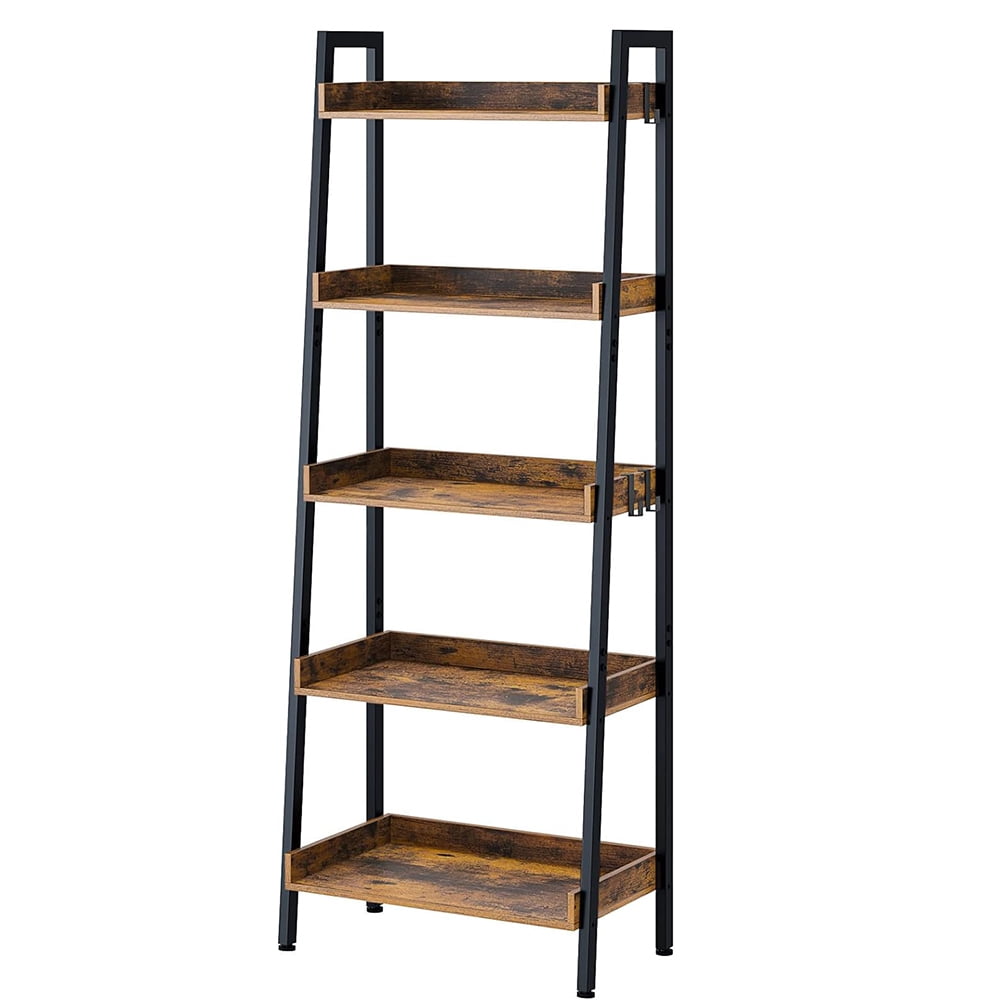 Freestanding Bookshelf, 5 Tier Ladder Bookshelf with 3 Hooks ...