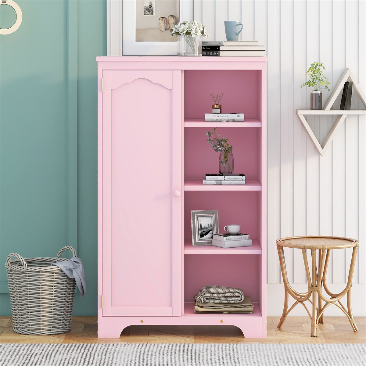 Freestanding Cabinet, Wood Wardrobes with One Door and 4 Open Shelves ...