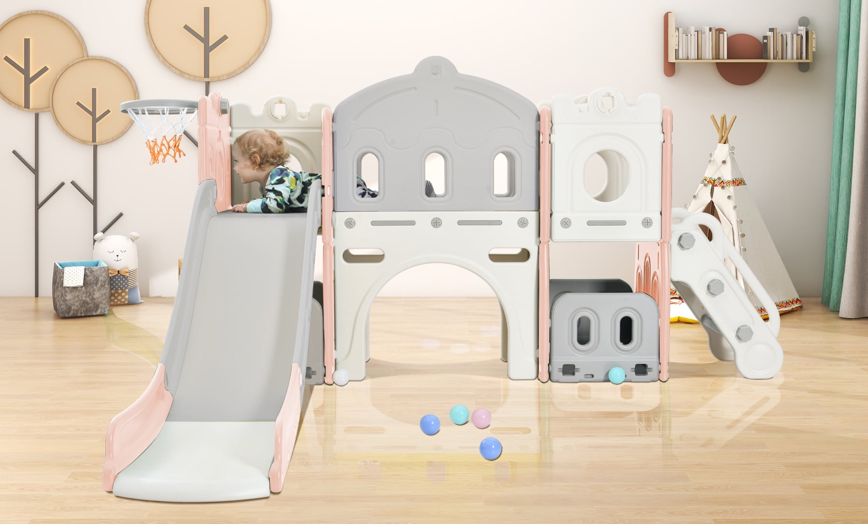 Freestanding Castle Climber with Slide, Tunnel, Basketball Hoop and Toy ...