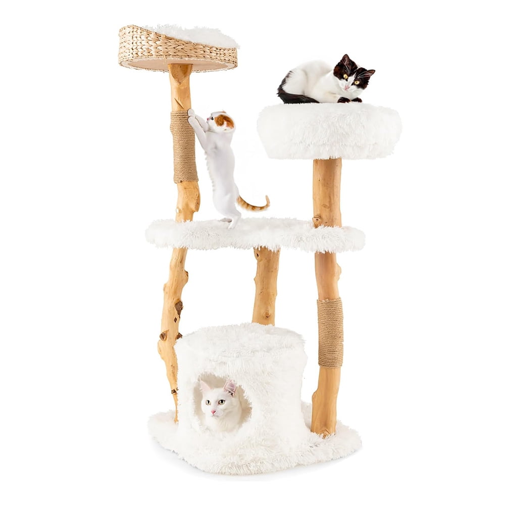 Freestanding Cat Tree, Wood Modern Cat Tower with Side Perch, Top ...