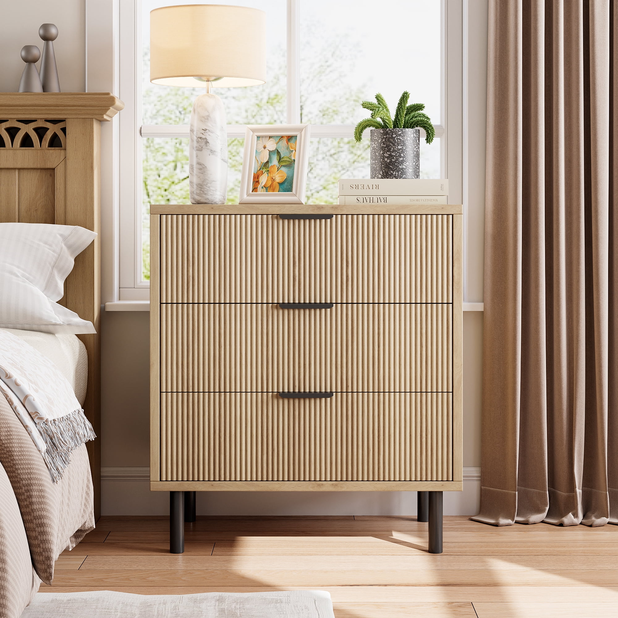 Freestanding Chest of Drawers with Metal Legs, Fluted 3 Drawers Dresser ...