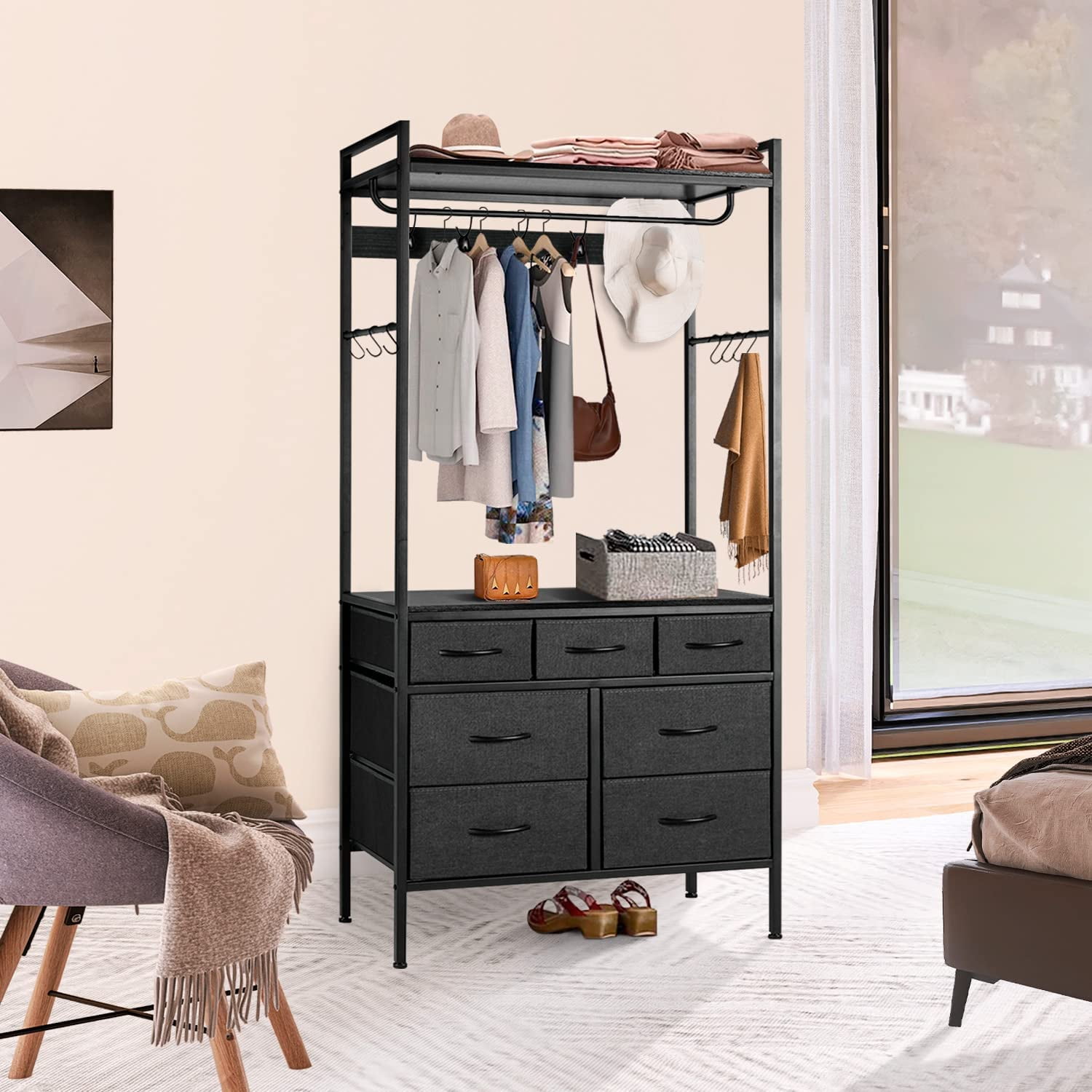 Freestanding Closet Organizer for Bedroom with Hooks, Clothes Garment ...