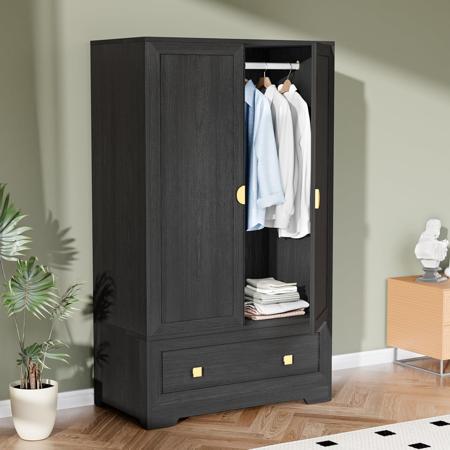Freestanding Closet Wardrobe Cabinet, Armoire with Doors, Shelves ...