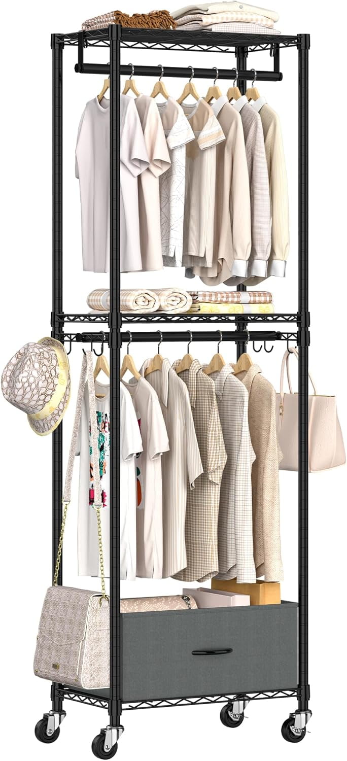 Freestanding Clothes Rack with Drawer, 3 Tier Rolling Garment Rack for ...