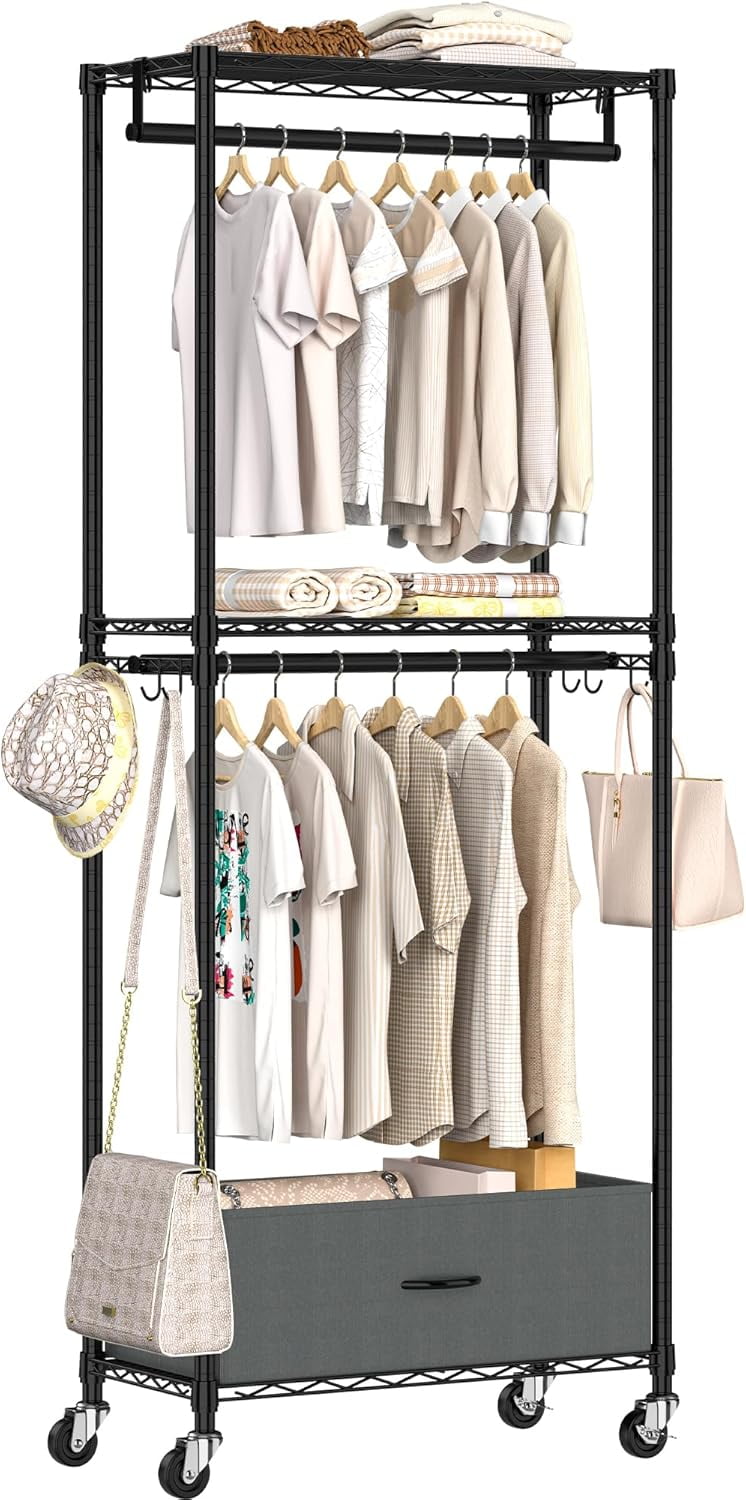 Freestanding Clothes Rack with Drawer, 3 Tier Rolling Garment Rack for ...