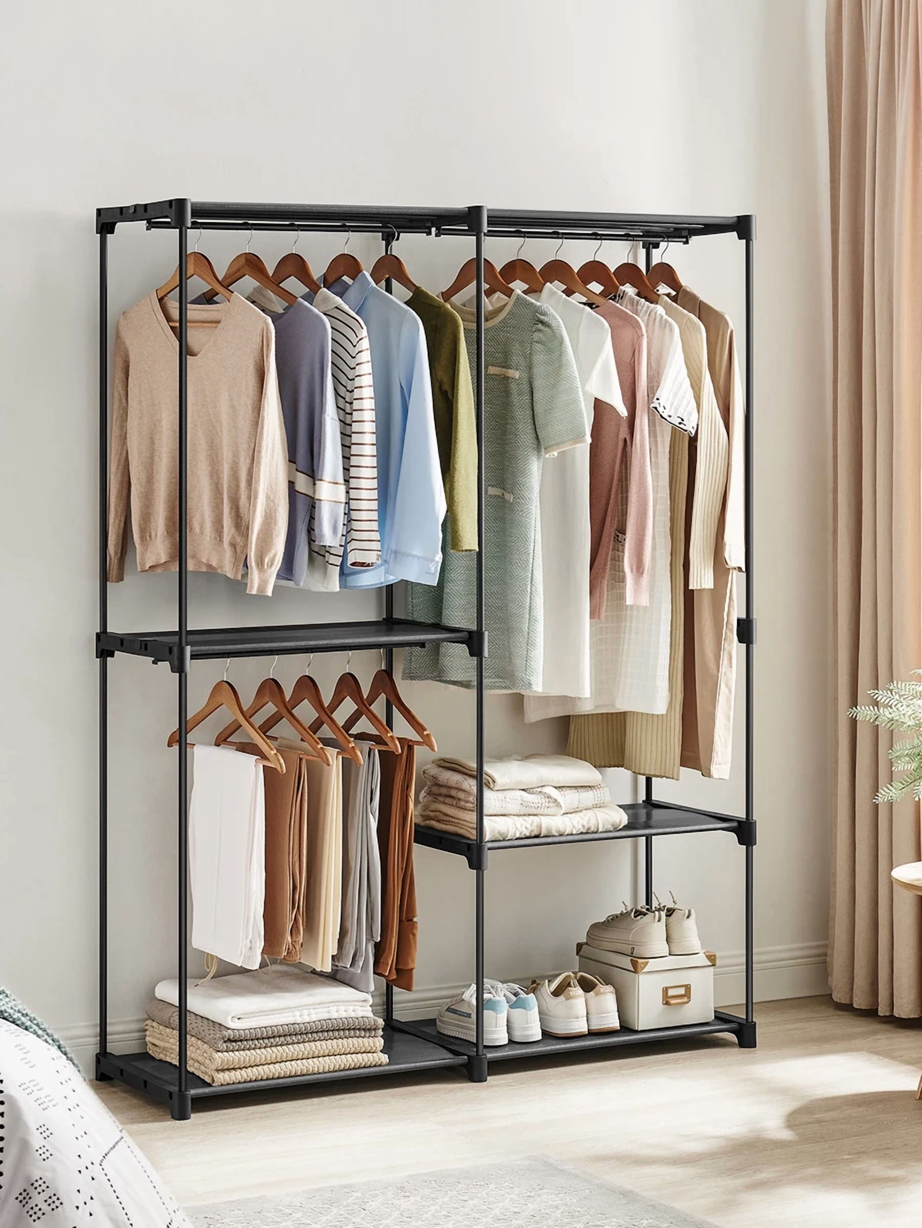 Freestanding Clothes Rack Wardrobe with 3 Rods & Shelves, 16.9"x54.3 ...