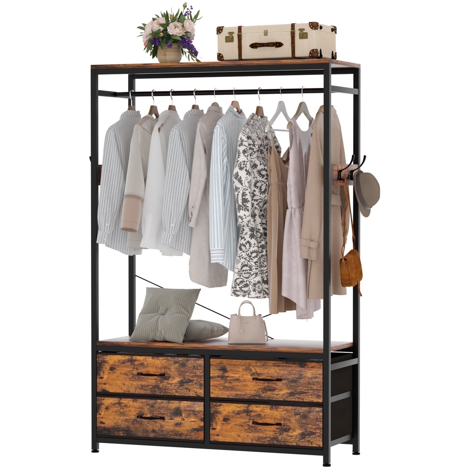 Freestanding Clothes Rack with 4 Drawers & Shelves Garment Hanging Rack ...