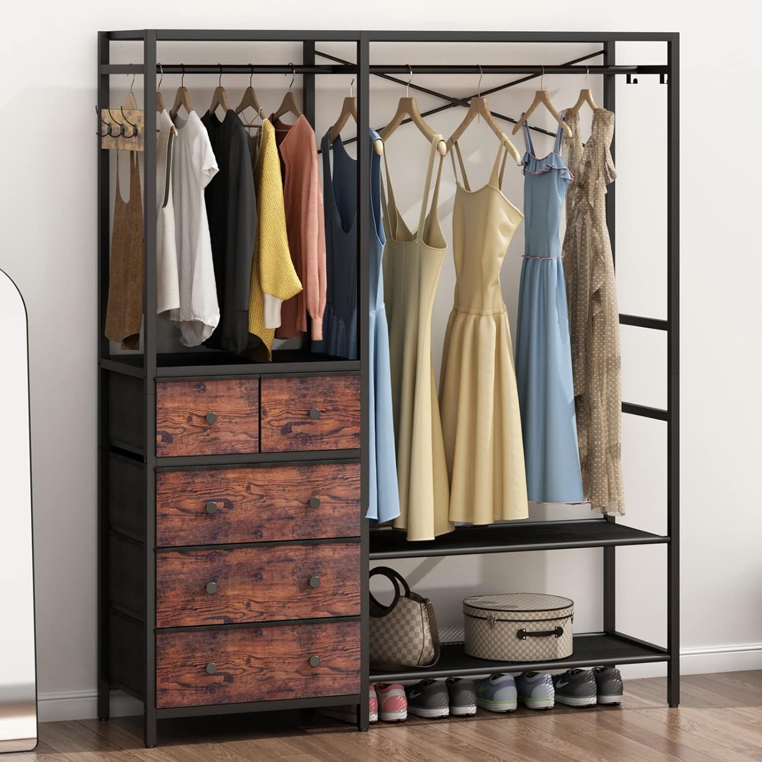Freestanding Clothes Rack with Drawers and Shelves, Heavy Duty Wardrobe ...
