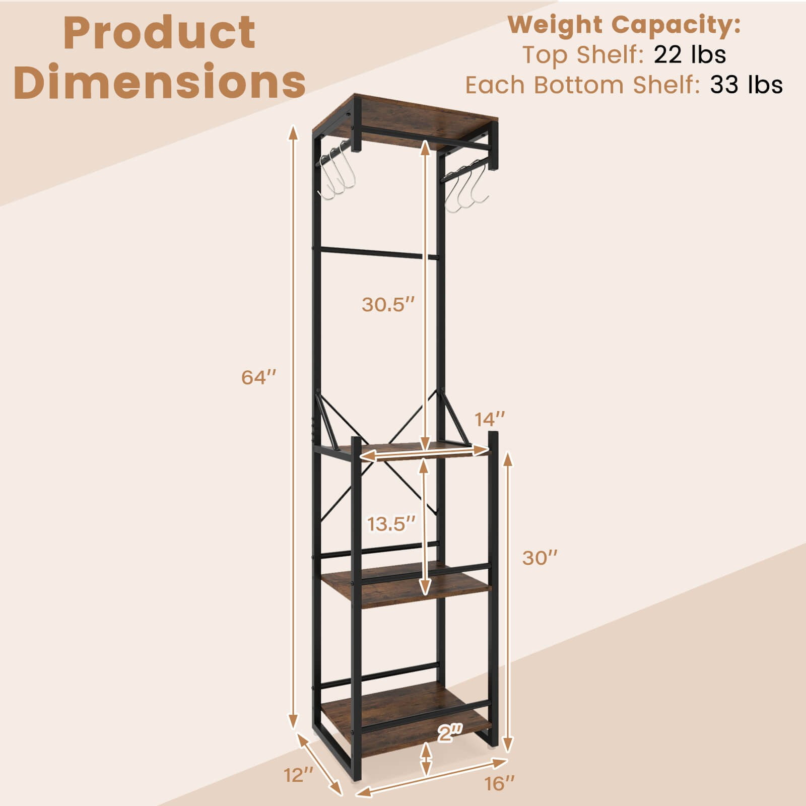 Freestanding Coat Rack with 4 Storage Shelves, 6 Hooks & 3 Hanging Rods ...