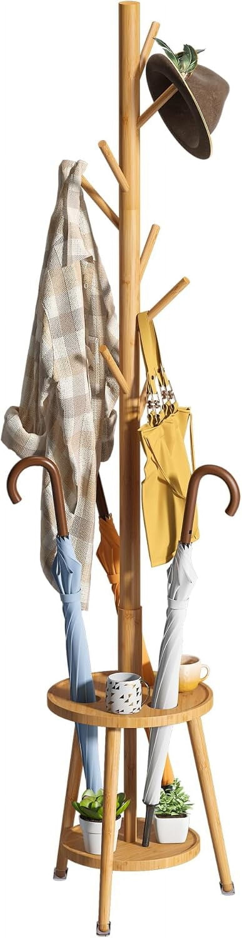 Freestanding Coat Rack with Umbrella Organizer Tray Bamboo Coat Tree ...