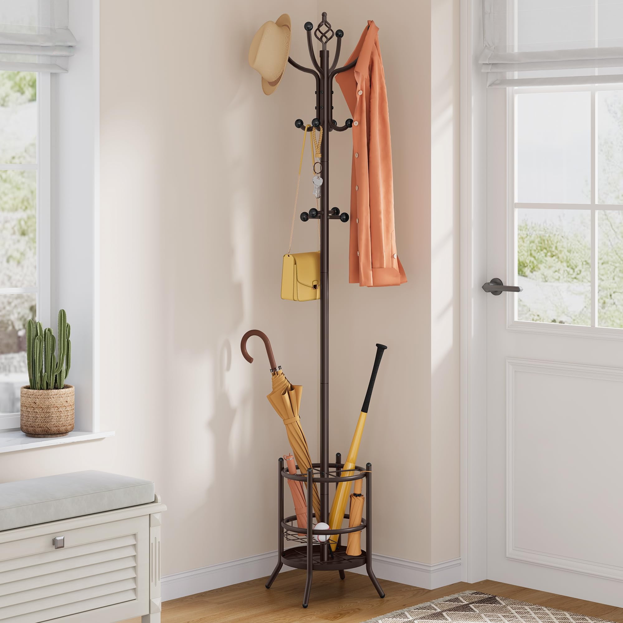 Freestanding Coat Tree with 16 Hooks & Built-In Umbrella Holder ...