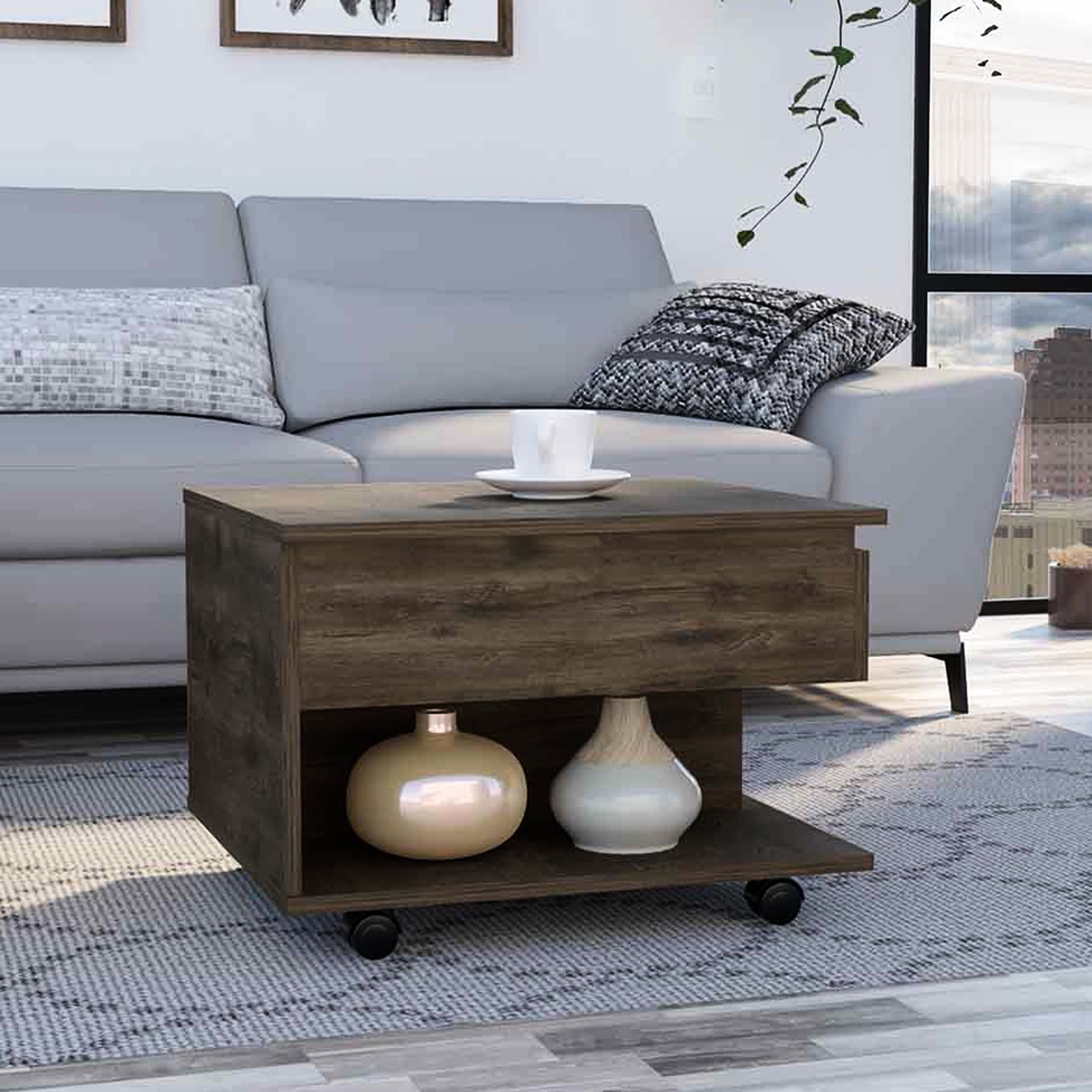 Freestanding Dark Brown Lift Top Coffee Table With Storage Shelf And ...