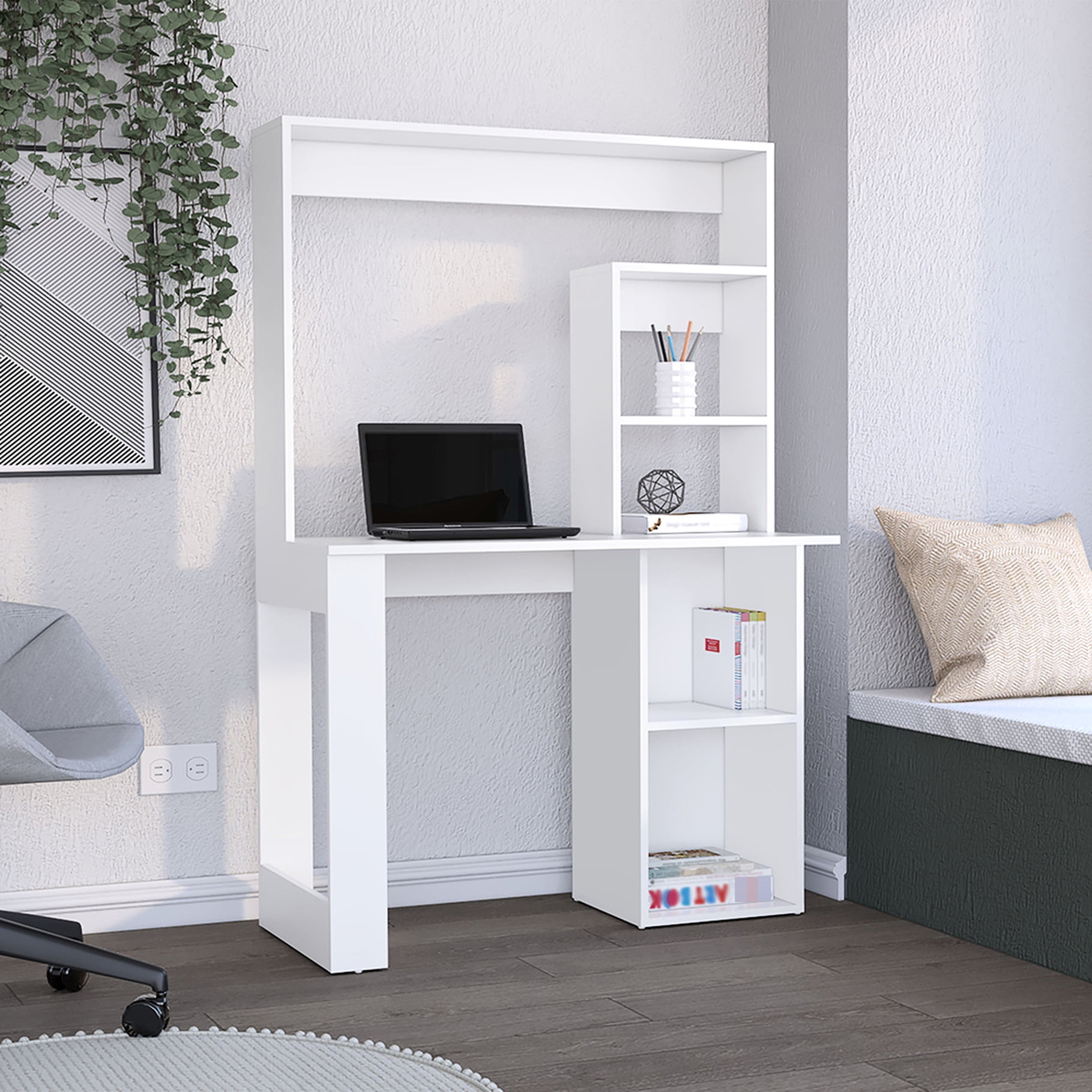 Freestanding Desk With And Shelves In Modern Style White For Organized ...