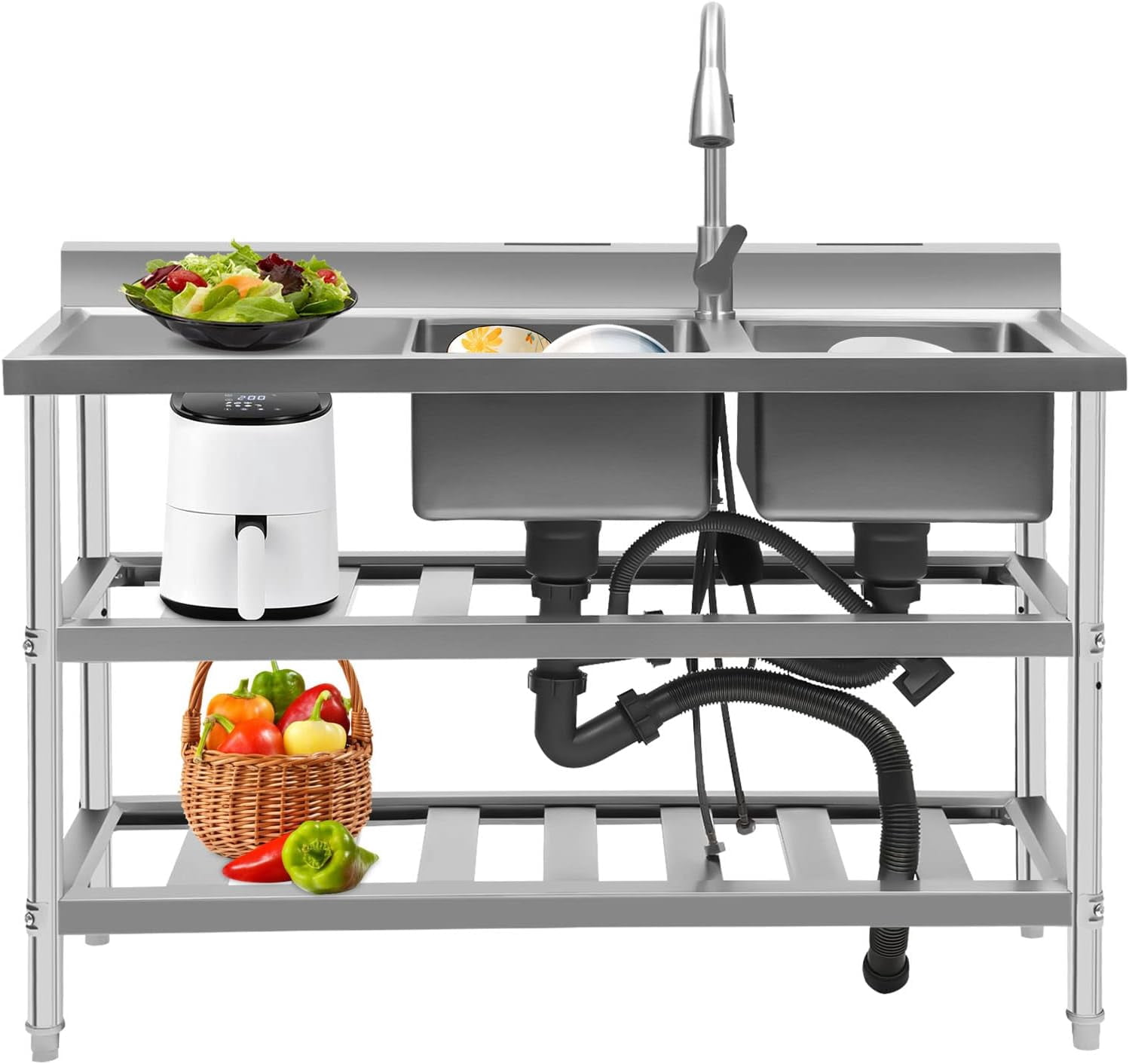 Freestanding Double Bowl Commercial Sink, 201 Stainless Steel with Dual ...