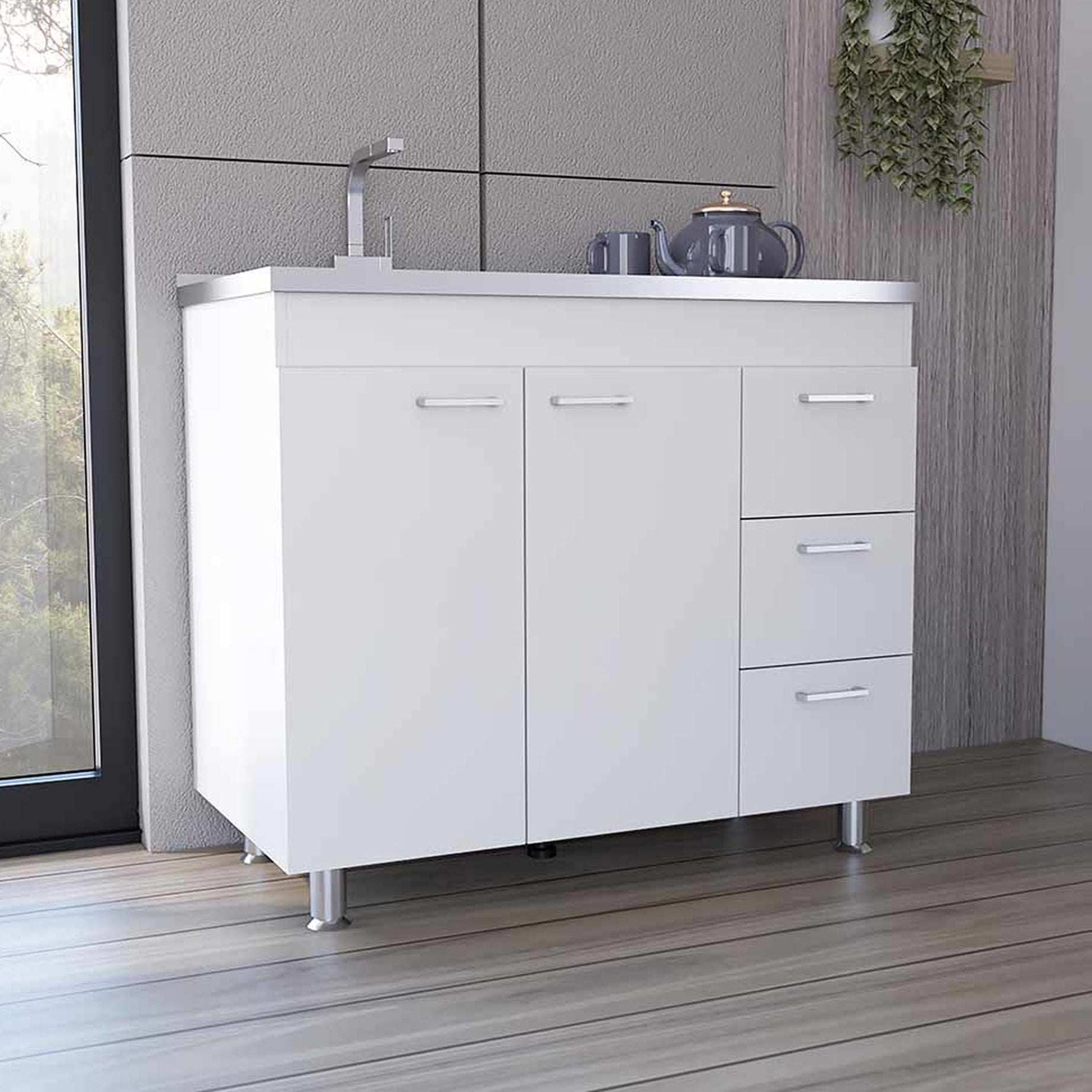 Freestanding Double - Door White Bedroom Cabinet | 3 Drawer and Shelf ...