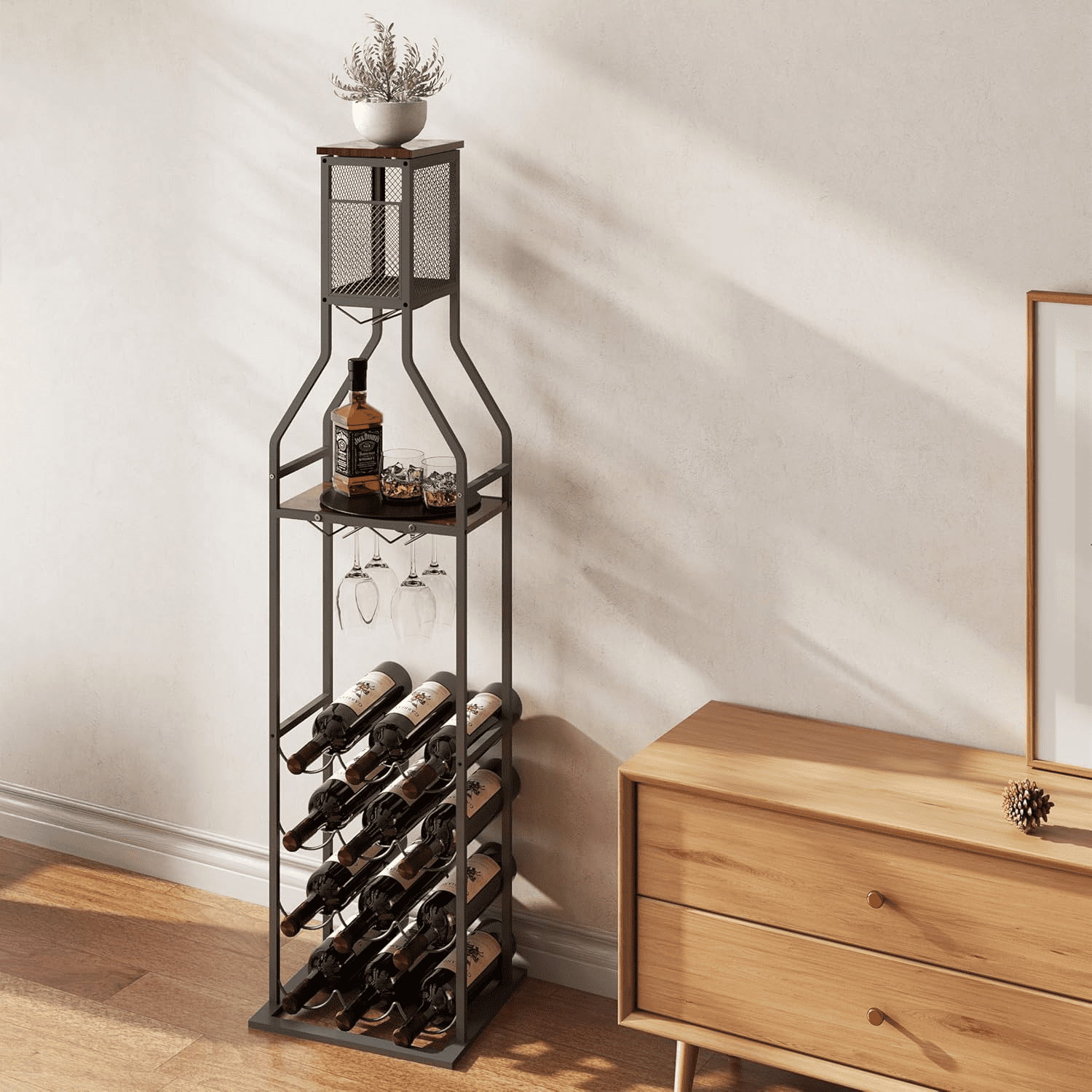 Freestanding Floor for 11 Bottle Wine Industrial Metal Wood Wine Shelf ...