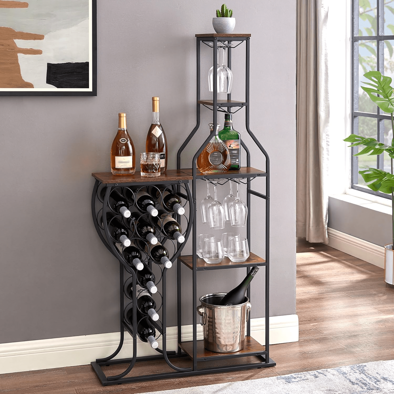 Freestanding Floor for 11 Bottle Wine Industrial Metal Wood Wine Shelf ...