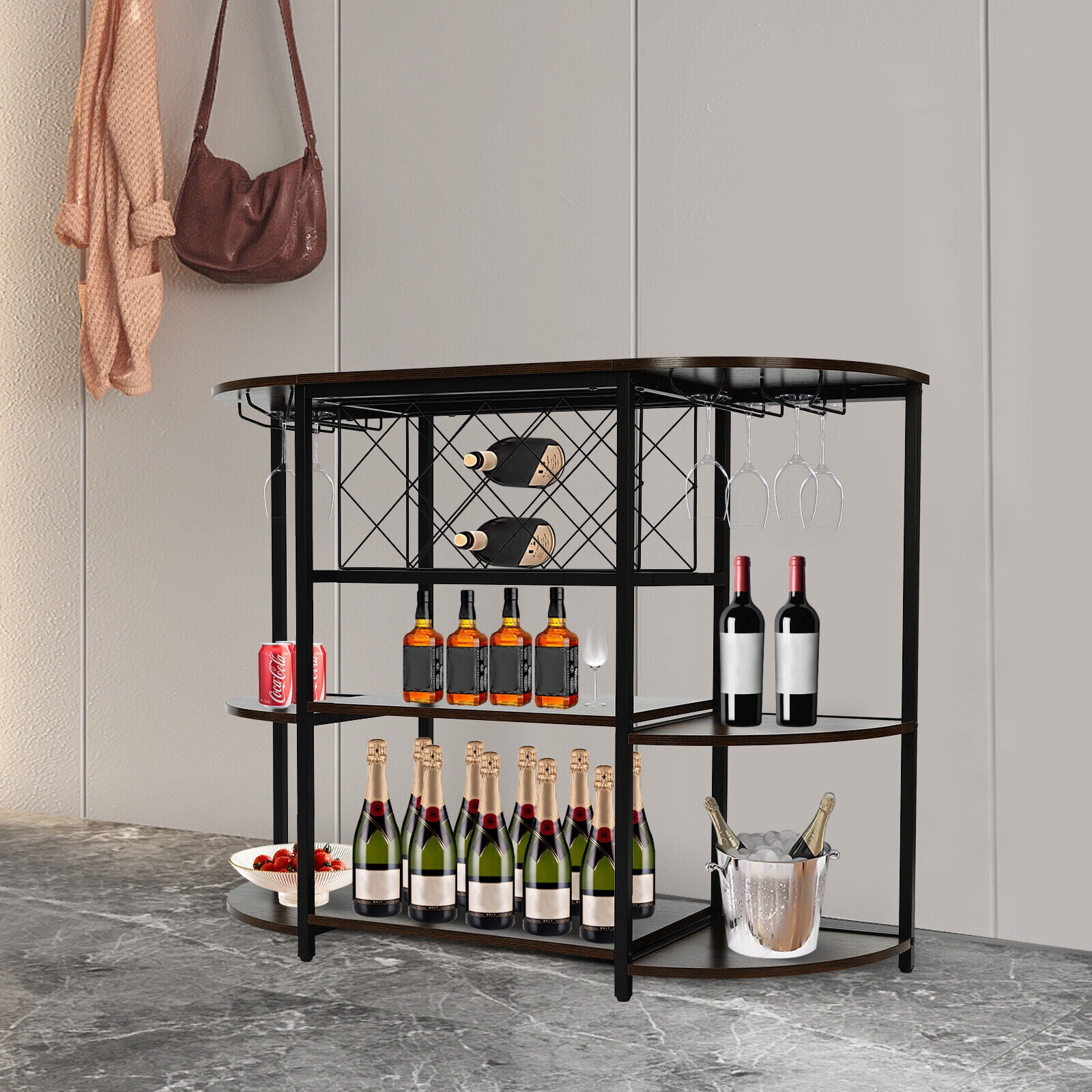 Freestanding Floor Bar Cabinet for Liquor and Glasses Rustic Brown Wine ...