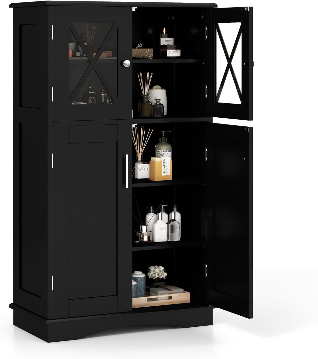 Freestanding Floor Cabinet w/2 Glass Doors, 3-Level Adjustable Shelves ...