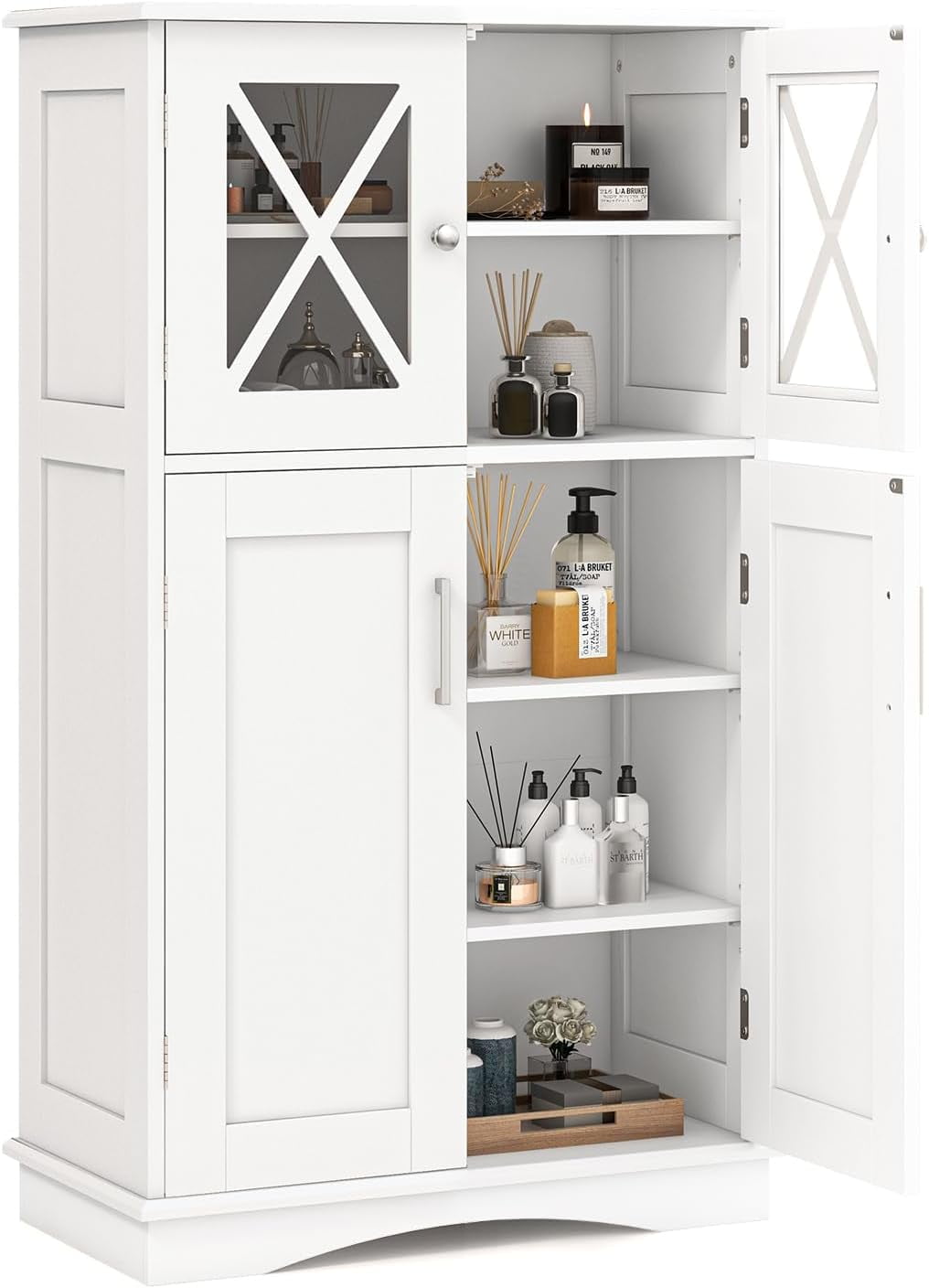 Freestanding Floor Cabinet w/2 Glass Doors, 3-Level Adjustable Shelves ...