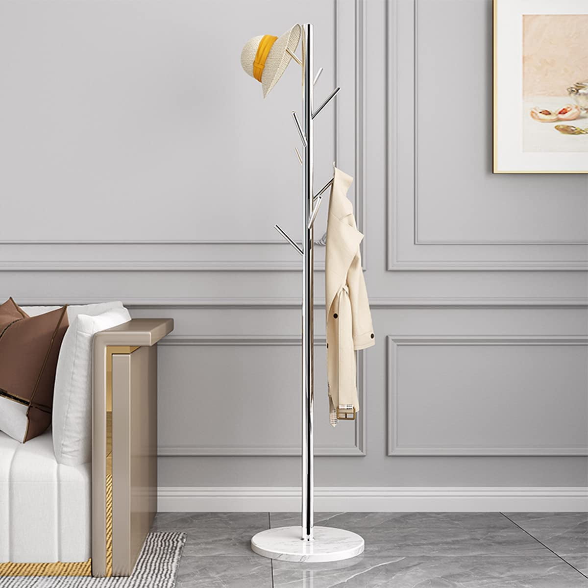 Freestanding Floor Coat Rack with Hooks, Metal Coat Tree with Marble ...