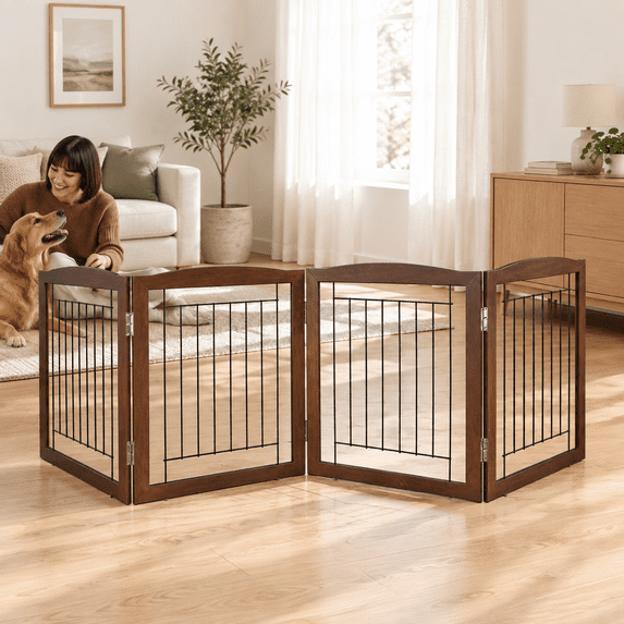 Freestanding Foldable Dog Gate For House Extra Wide Wooden Brown Puppy ...