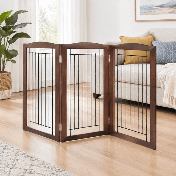 Freestanding Foldable Dog Gate For House Extra Wide Wooden Brown Puppy ...
