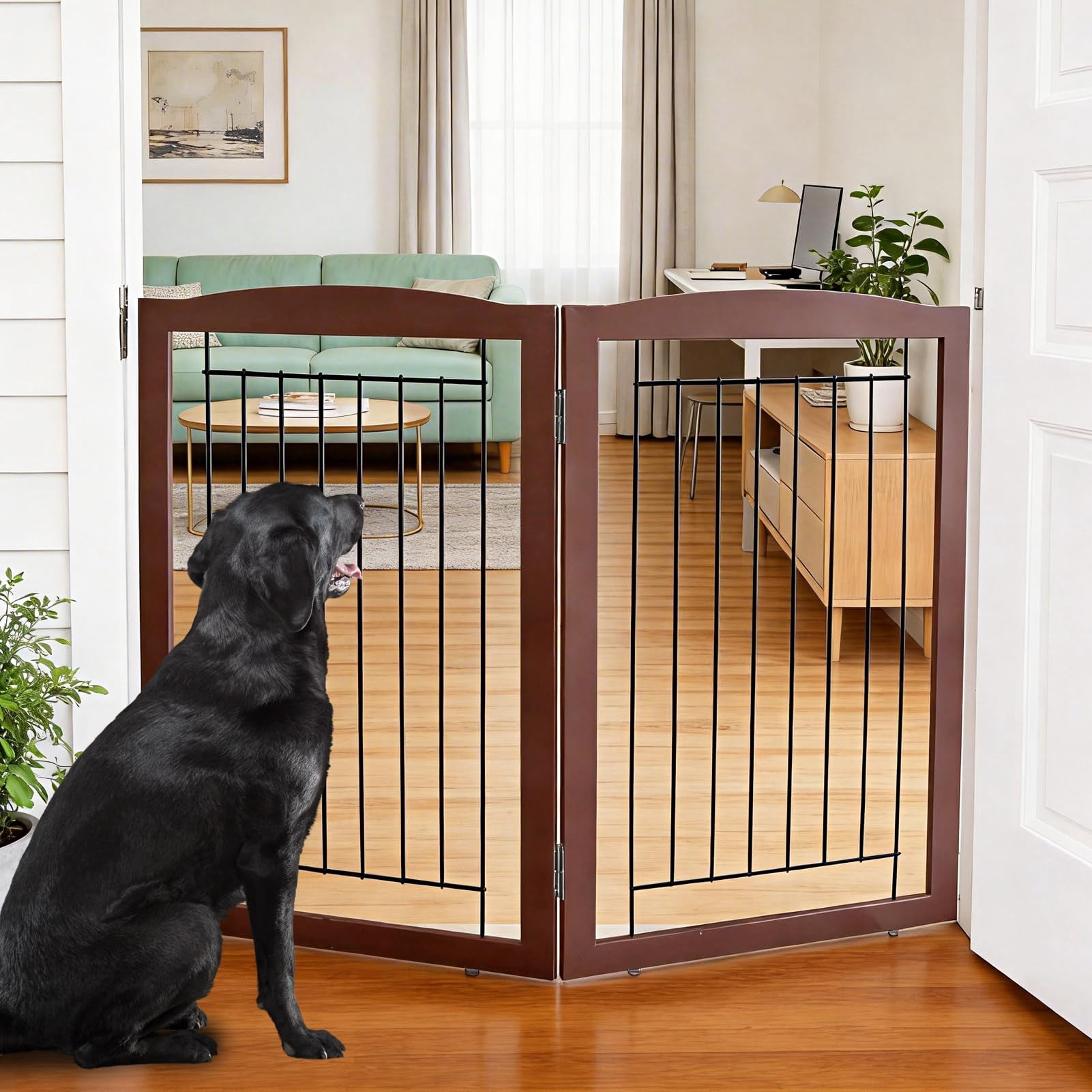 Freestanding Foldable Dog Gate For House Extra Wide Wooden Indoor Puppy ...