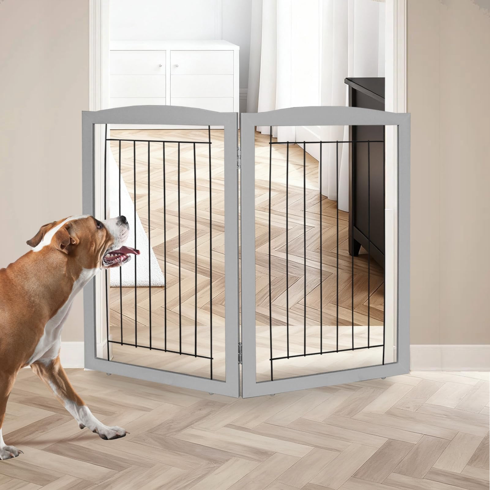 Freestanding Foldable Dog Gate For House Extra Wide Wooden Indoor Puppy ...