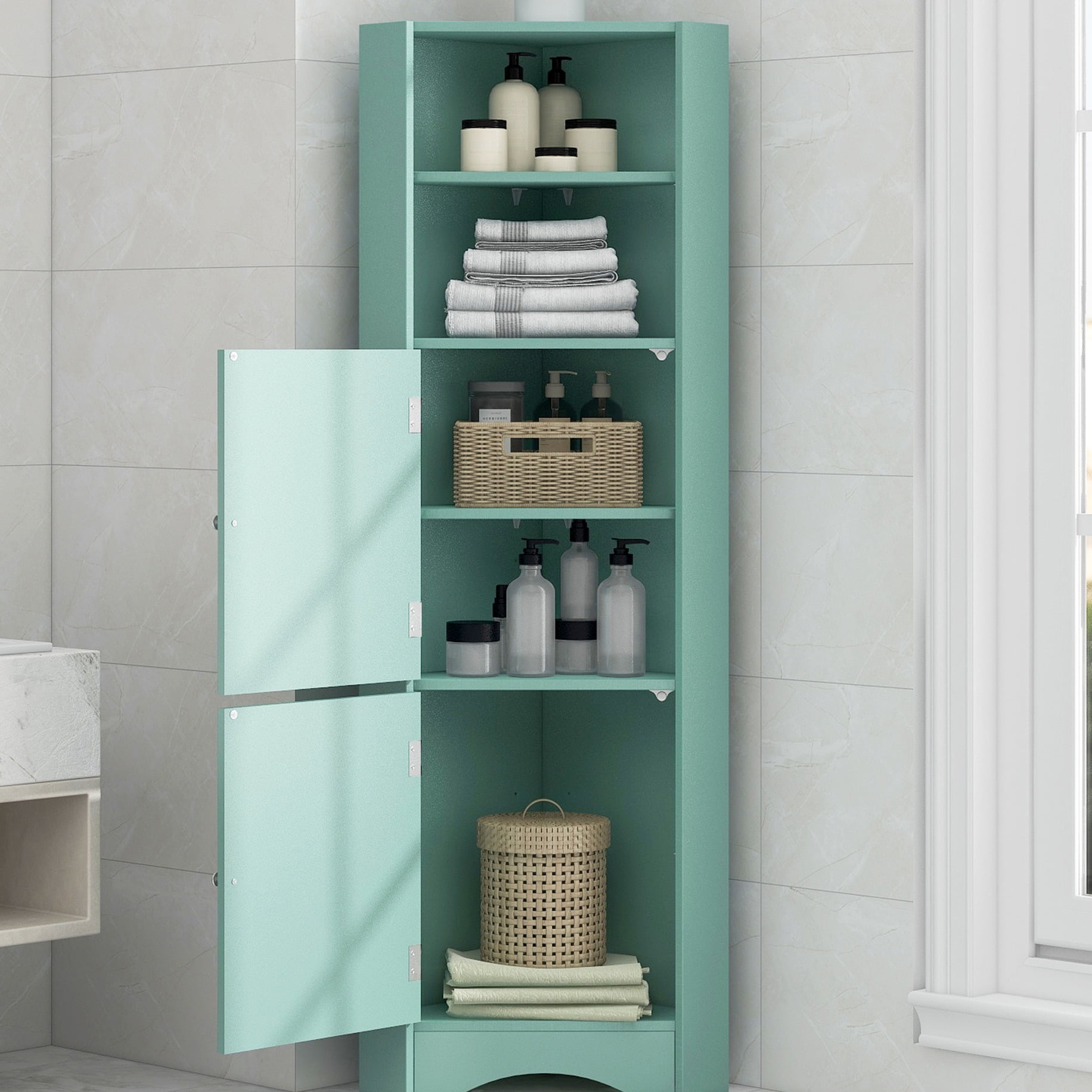 Freestanding Green Cabinet in Bathroom | Metal Hardware for Durability ...