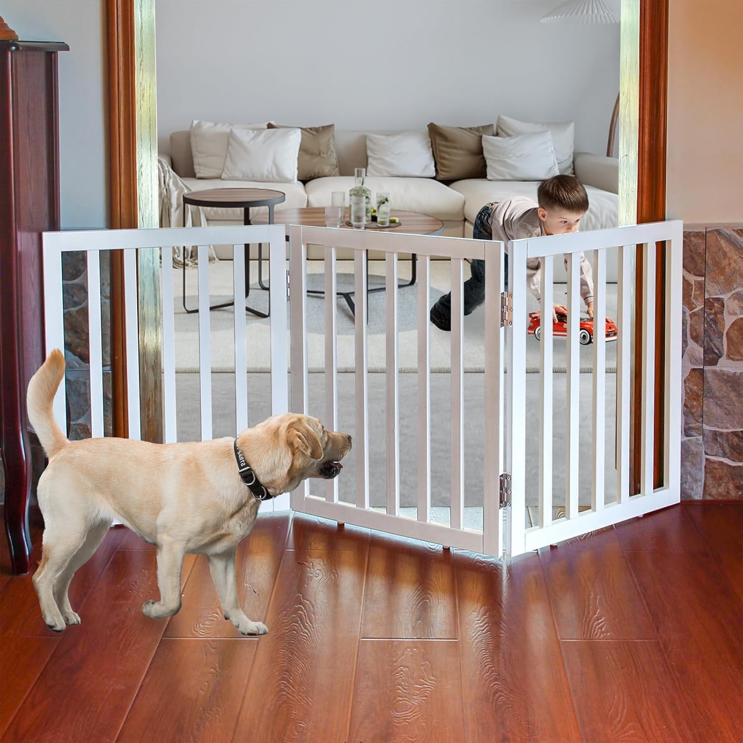 Freestanding Indoor Dog Gate for House Foldable Wood White Puppy Gate ...