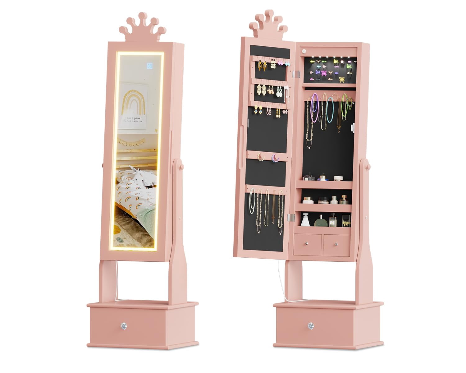 Freestanding Kids Jewelry Armoire Cabinet with Full-Length Mirror, LED ...