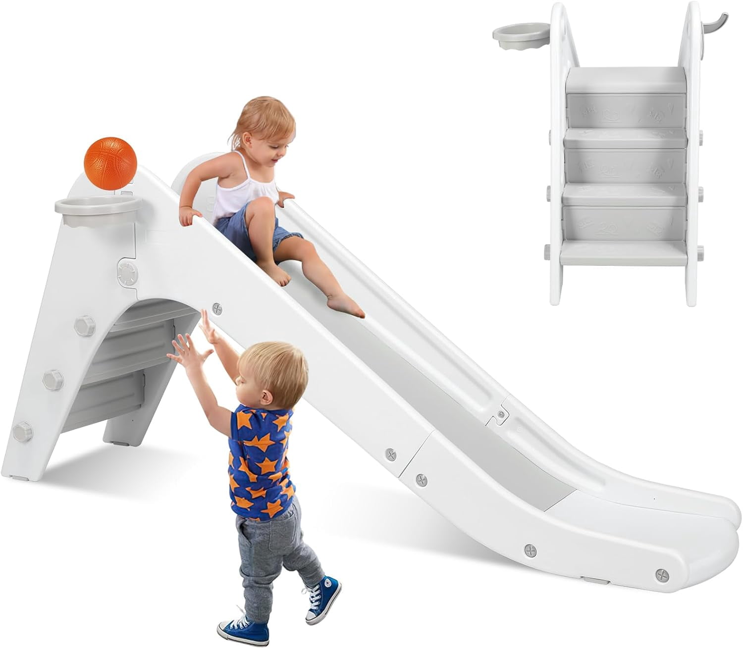 Freestanding Kids Slide, Toddler Slide Climber w/Hoop & Ball, Ring Toss ...