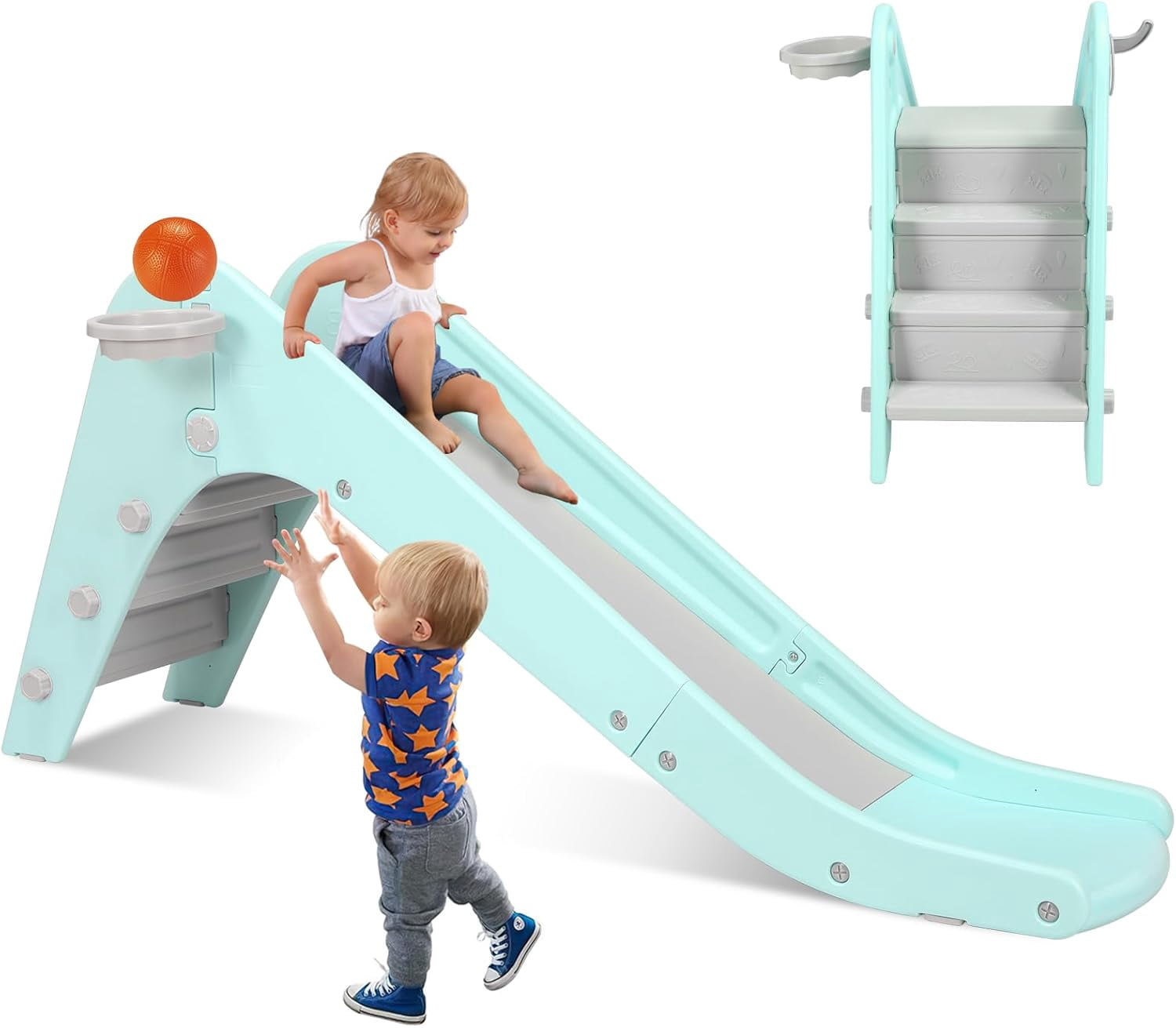 Freestanding Kids Slide, Toddler Slide Climber w/Hoop & Ball, Ring Toss ...