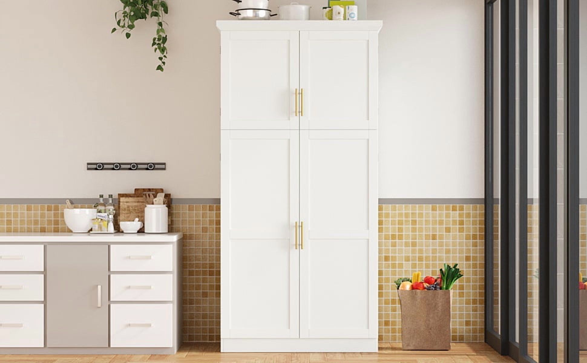 Freestanding Kitchen Pantry Cabinet with 4 Doors and 8 Pull-Out Trays ...
