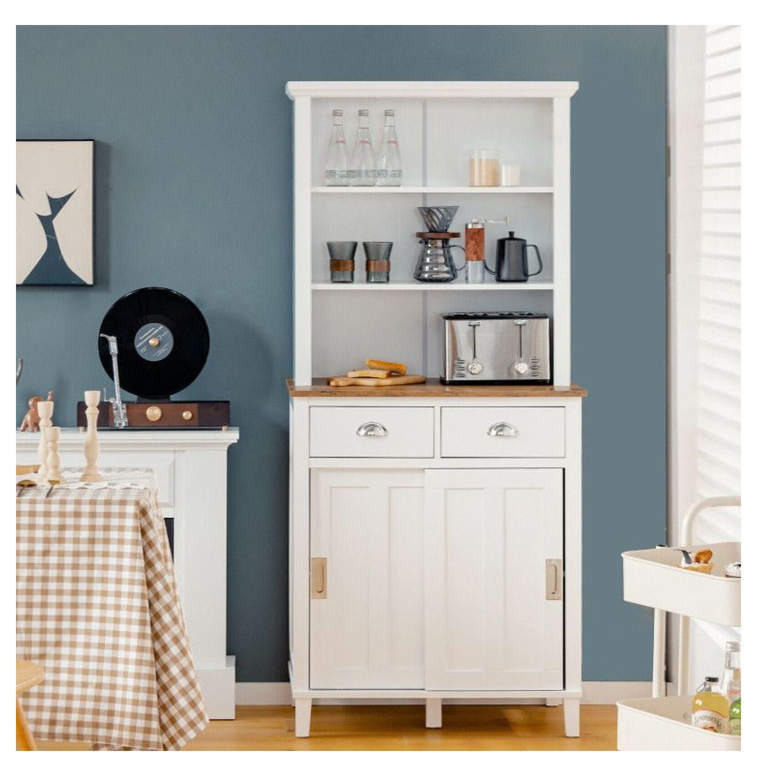 Freestanding Kitchen Pantry with Hutch Sliding Door and Drawer ...