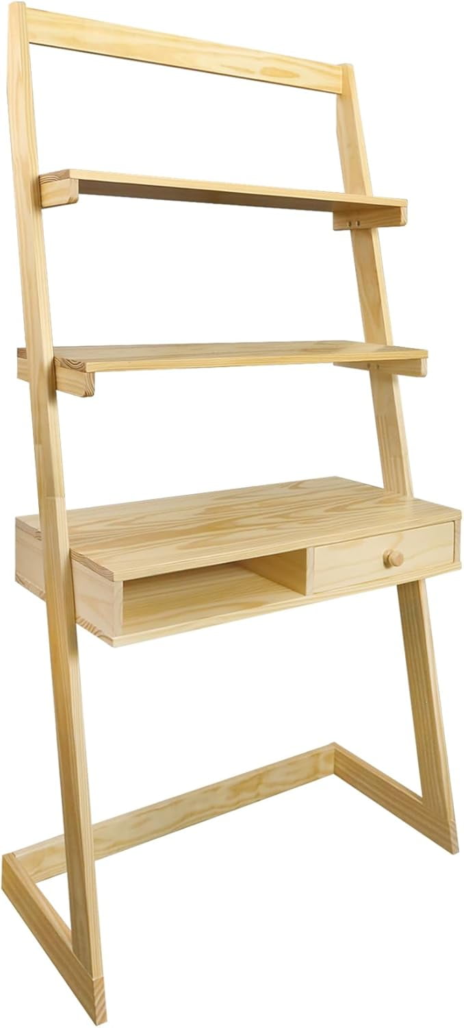 Freestanding Ladder Desk with Drawer, Natural,2 top shelves provide a ...