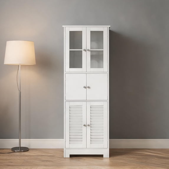 Freestanding Linen Cabinet with Louvered Doors, Soft White MDF and ...