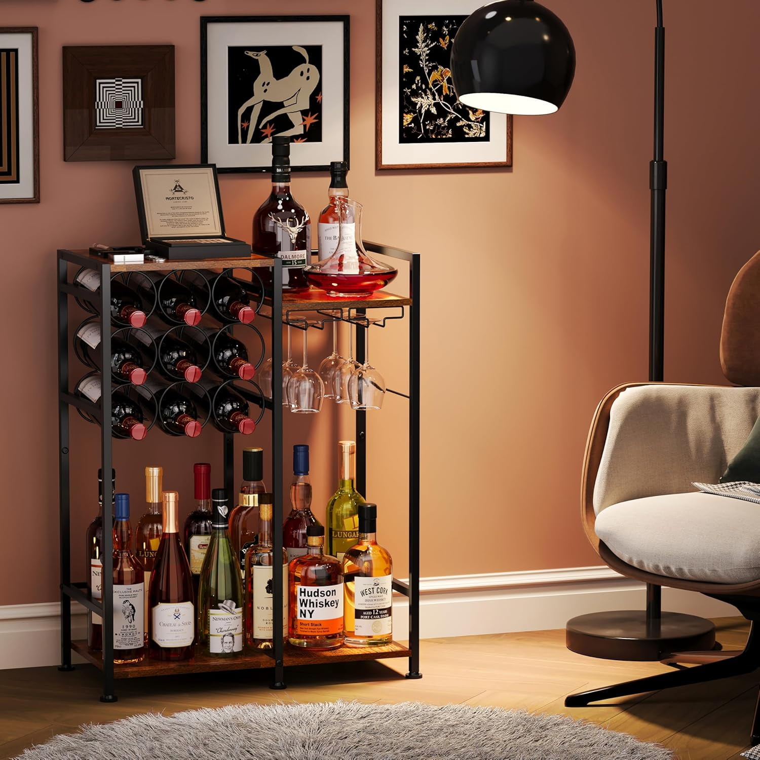 Freestanding Liquor Stand with 9-Bottle for Home Bar, Versatile Wine ...