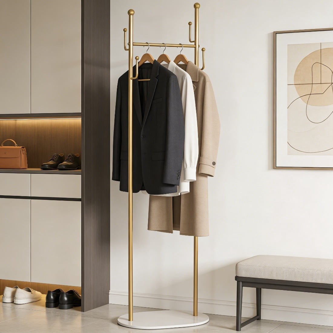 Freestanding Metal Coat Rack, Gold Frame with White Storage Shelf ...