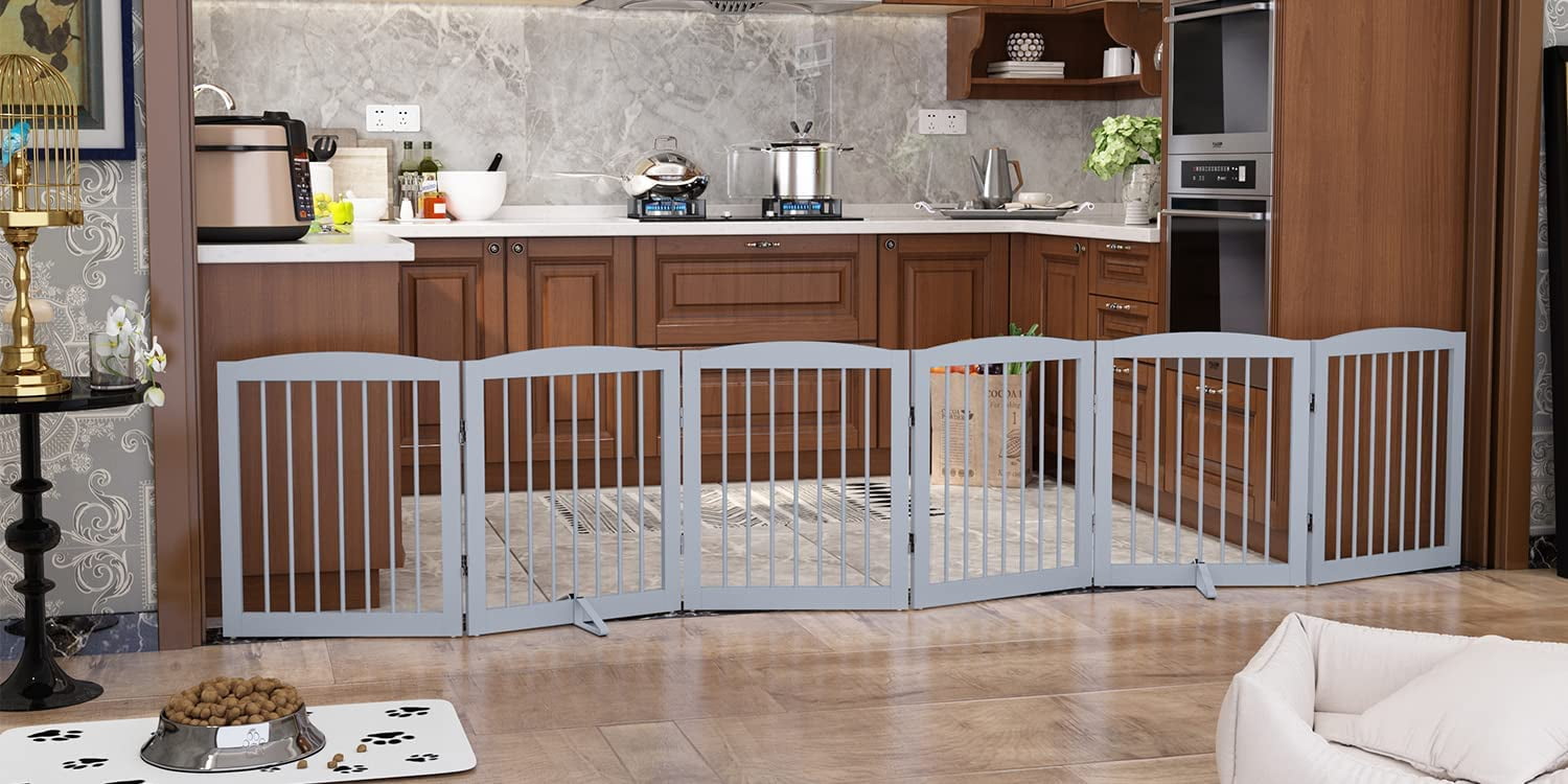 Freestanding Pet Gate for Dogs, Foldable Wooden Dog Gate for House ...