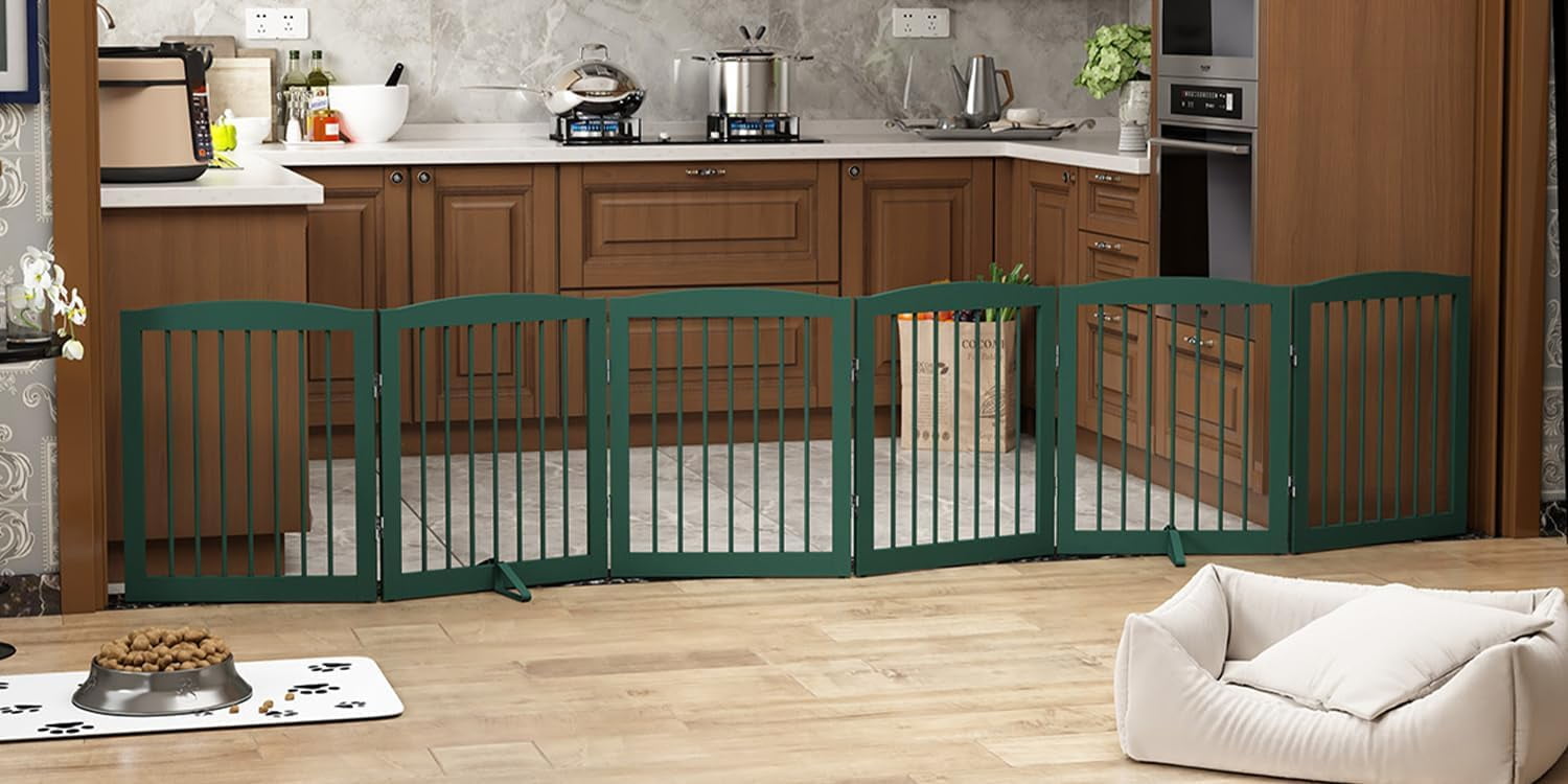 Freestanding Pet Gate for Dogs, Foldable Wooden Dog Gate for House ...