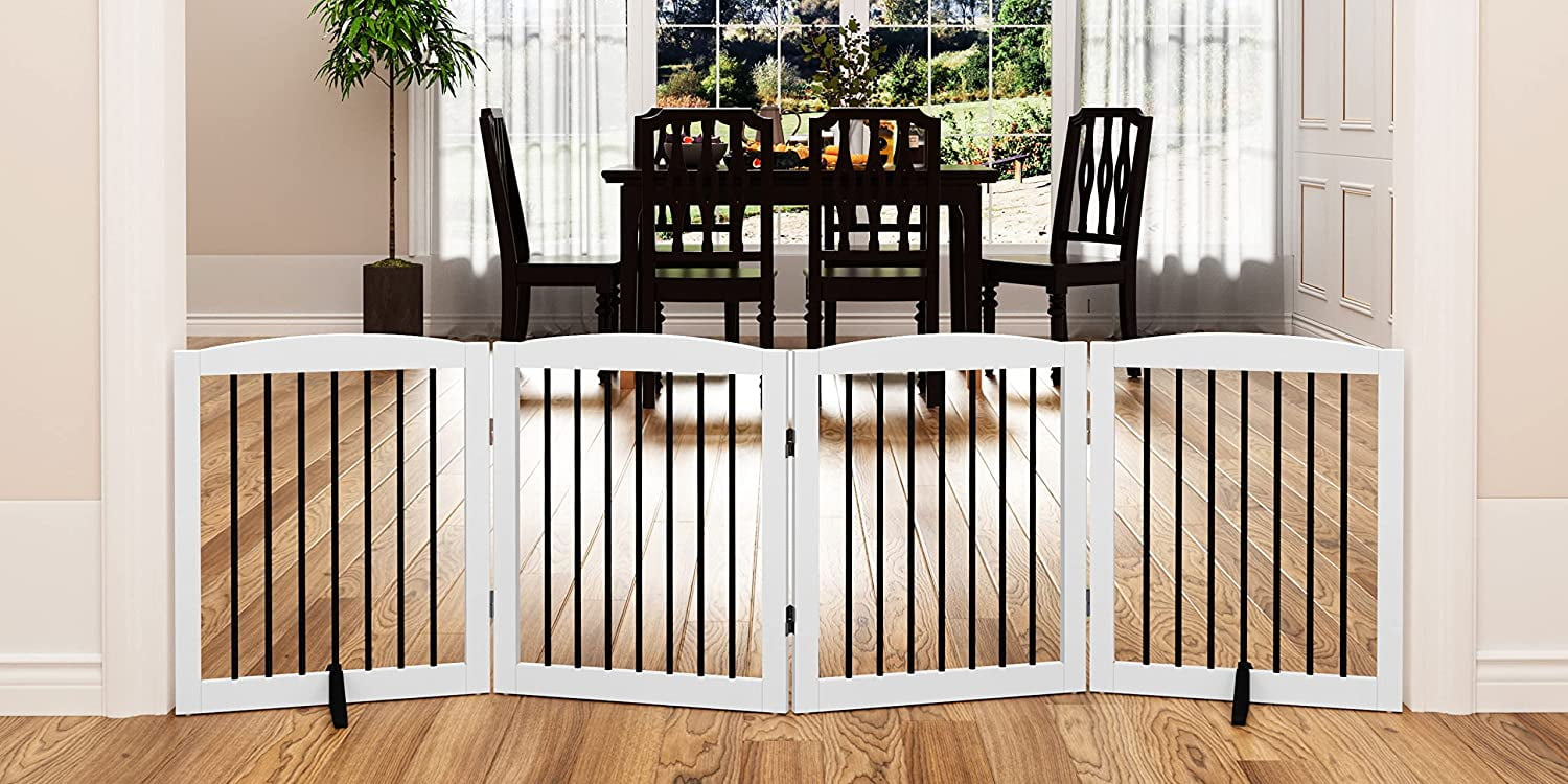 Freestanding Pet Gate for Dogs, Foldable Wooden Dog Gate for House ...