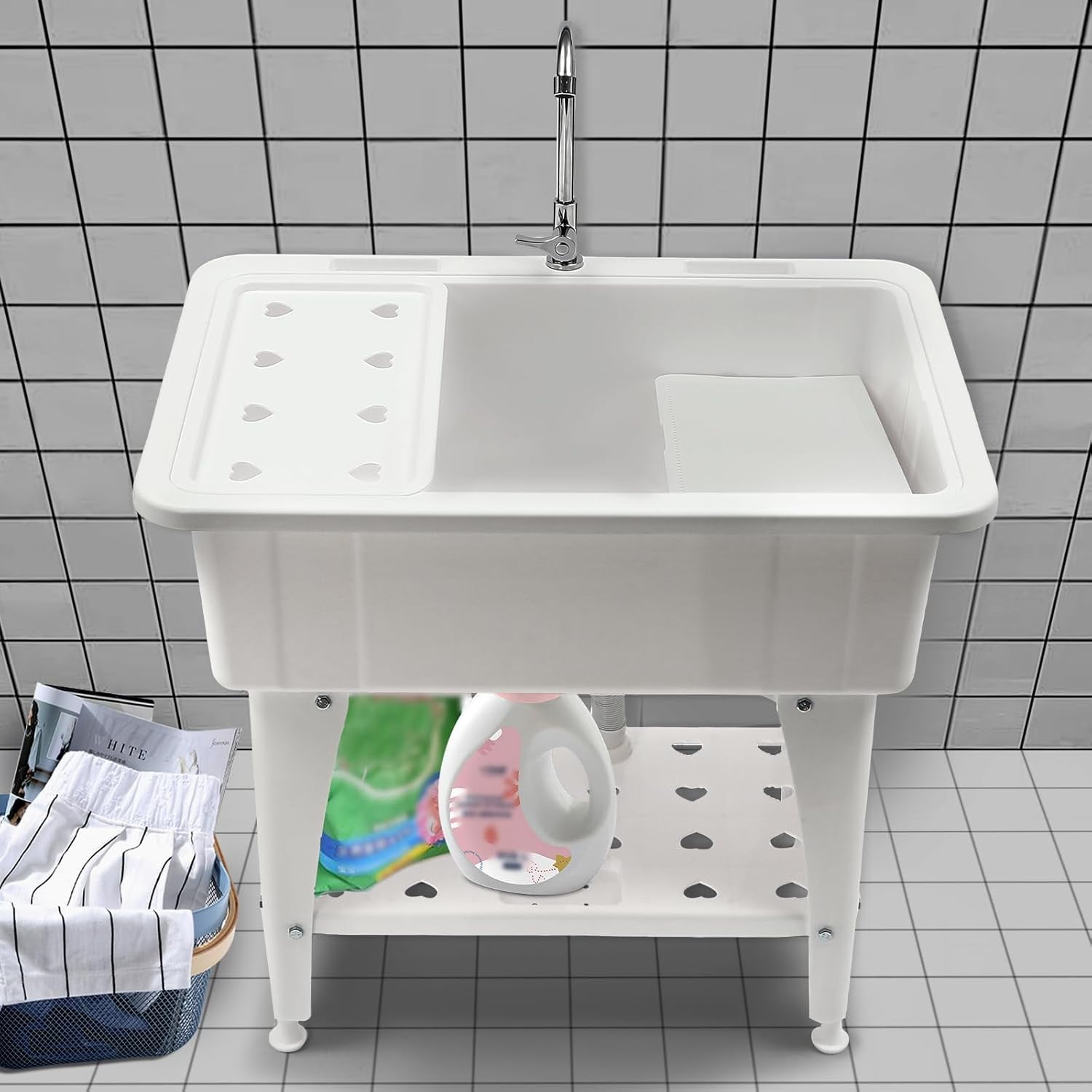 Freestanding Plastic Laundry Sink with Washboard, Indoor Outdoor ...