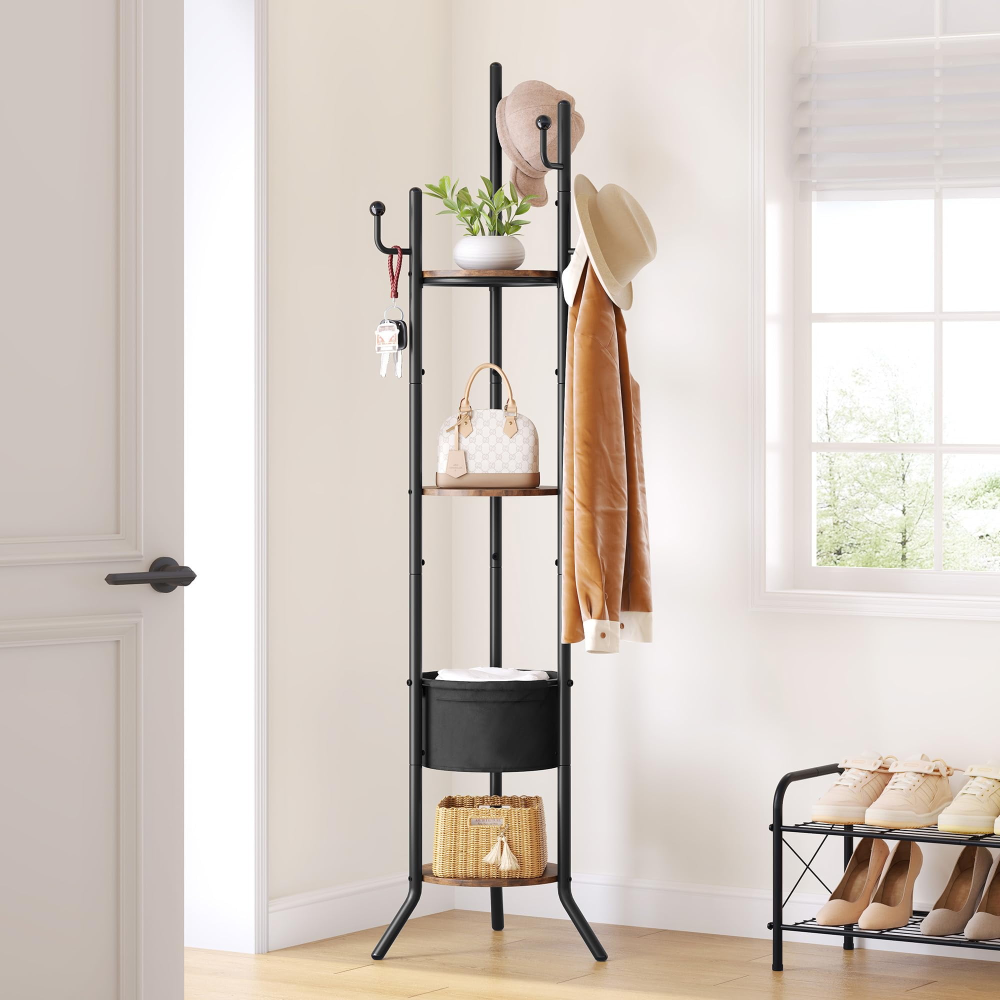 Freestanding Round Metal Coat Tree with 3 Wooden Shelves, 1 Fabric ...