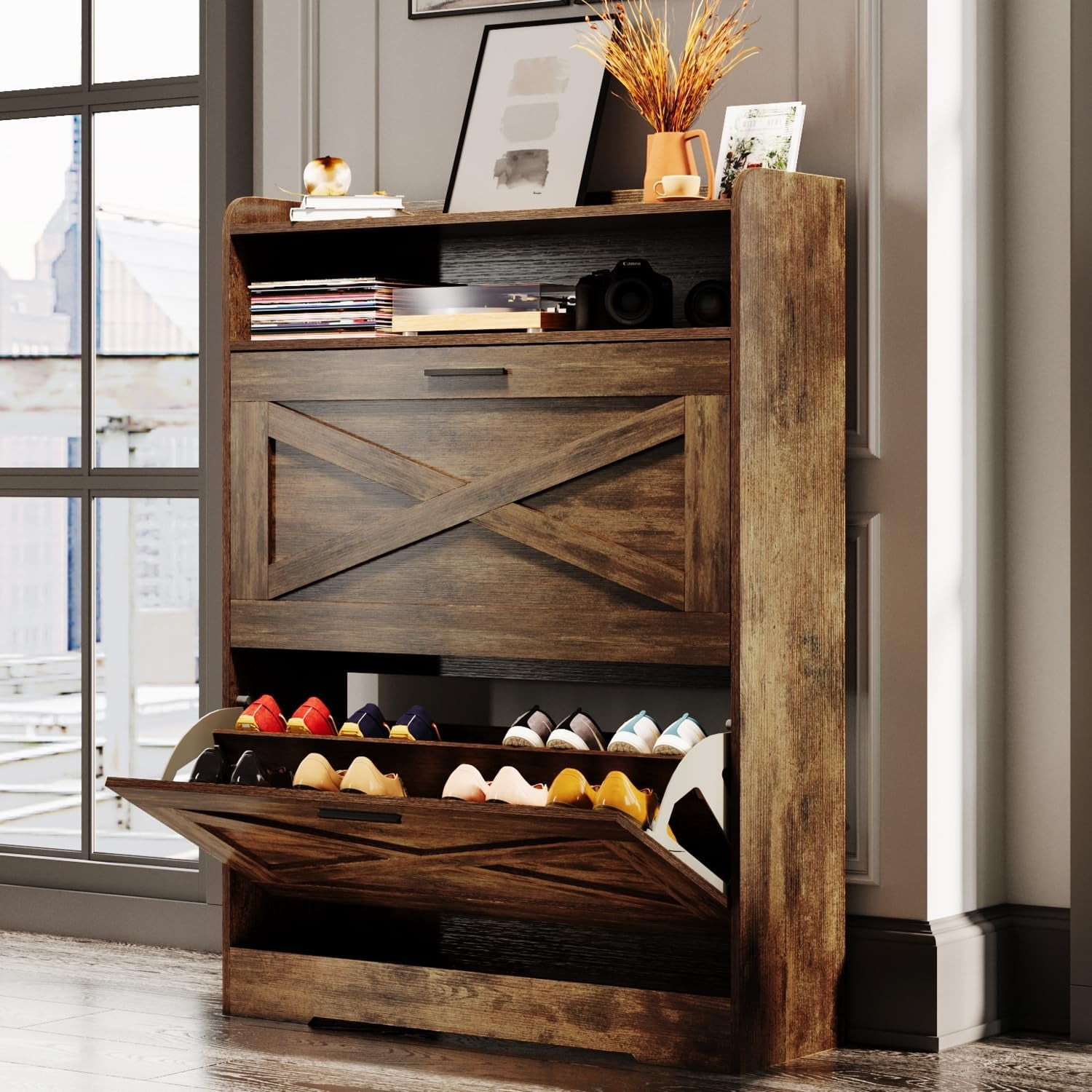 Freestanding Shoe Rack Storage Organizer with 2 Flip Door Modern ...