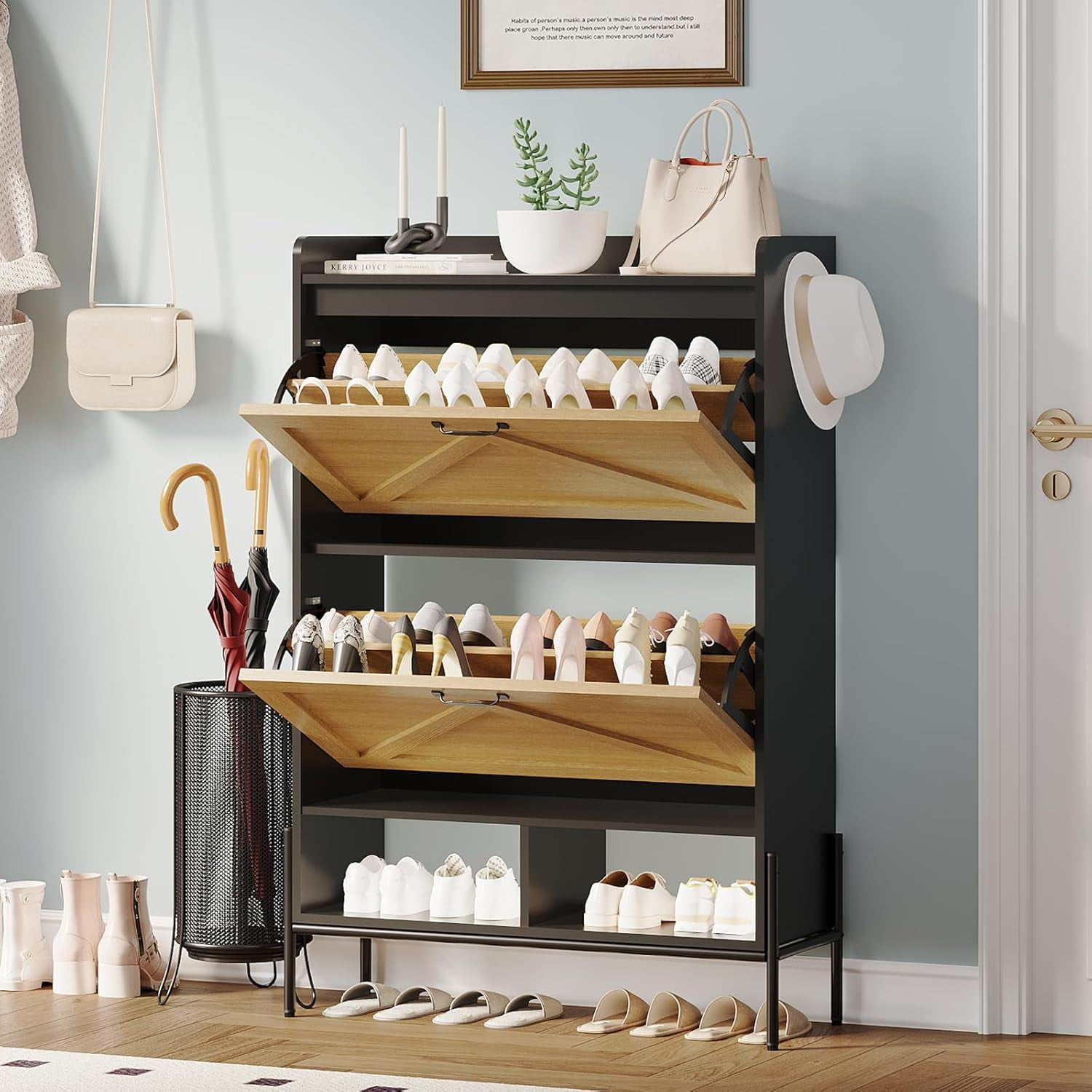 Freestanding Shoe Storage Cabinet Organizer with 2 Flip Drawers, Open ...