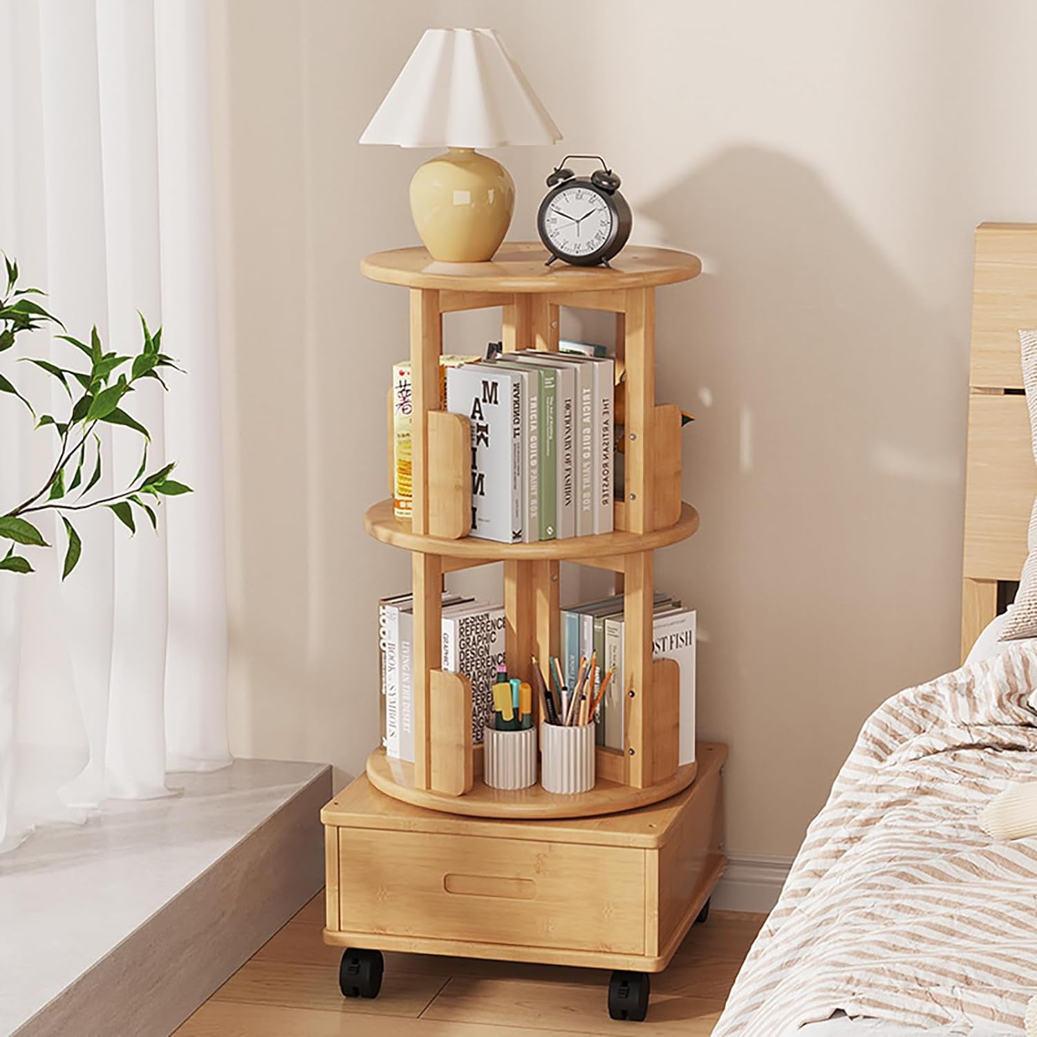 Freestanding Side Table with Wheels, Removable Swivel Bookcase with ...