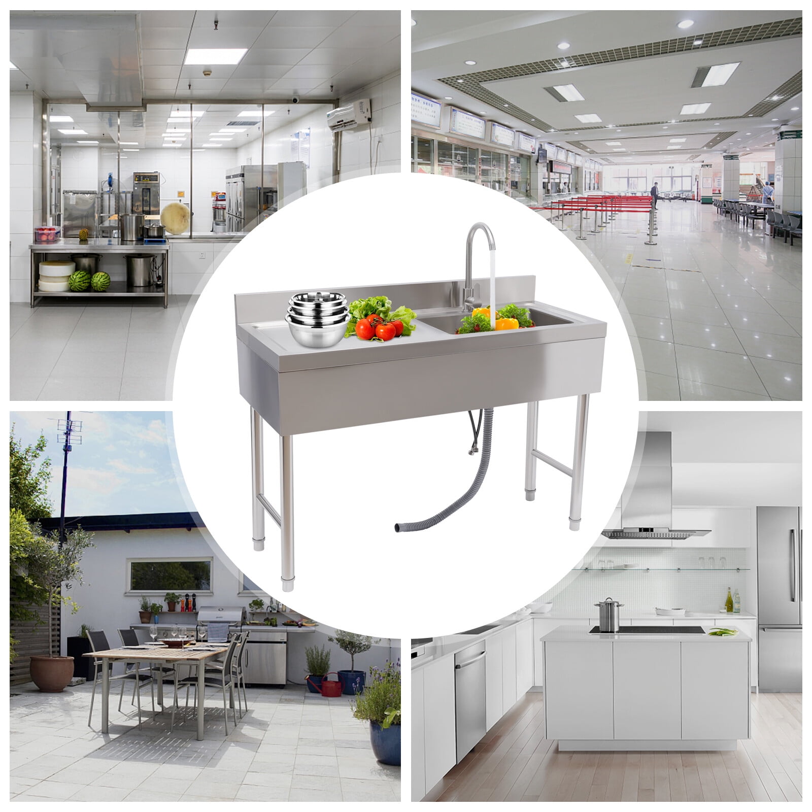 Freestanding Single Bowl Kitchen Restaurant Sink W/Faucet & Drainboard ...